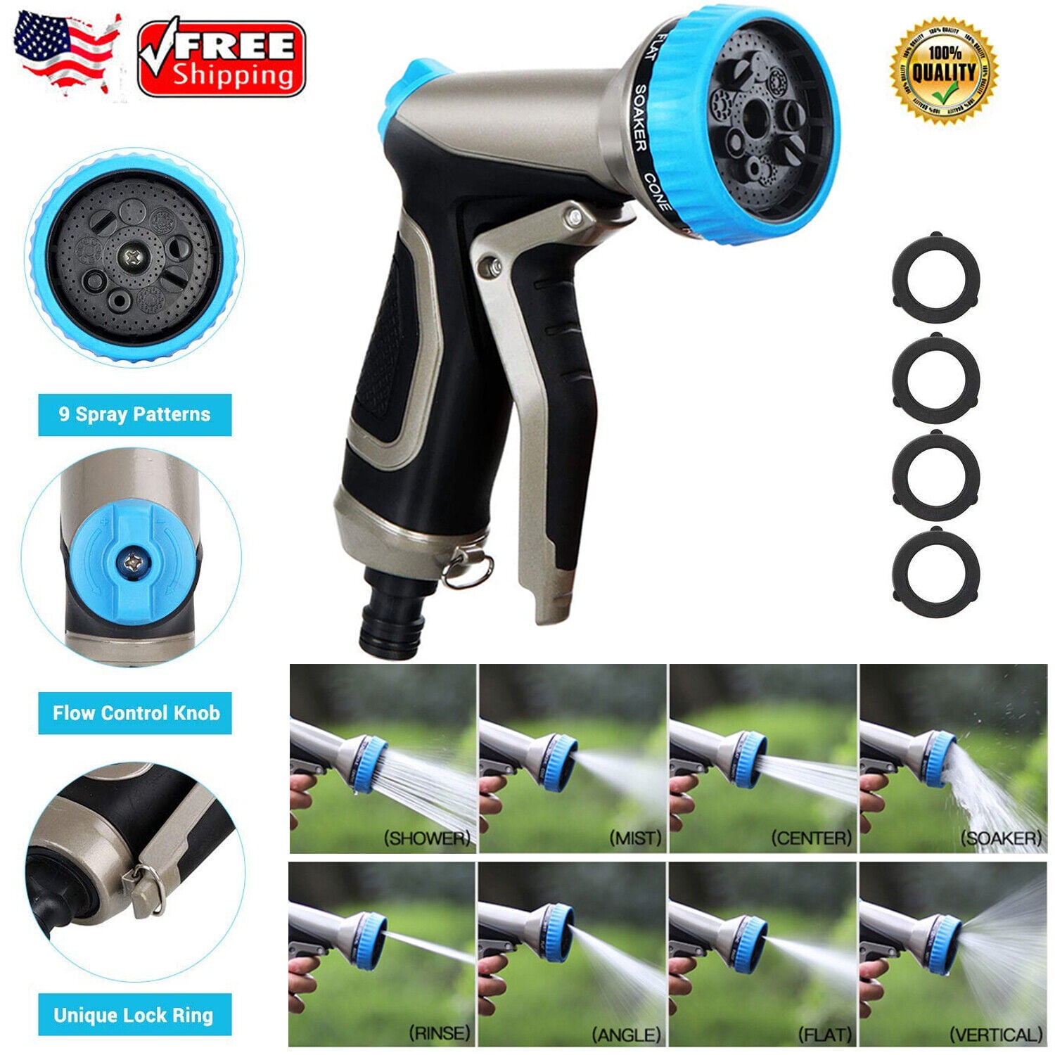 Garden Hose Nozzle Water Heavy Duty Spray 9 Adjustable Modes Metal ...