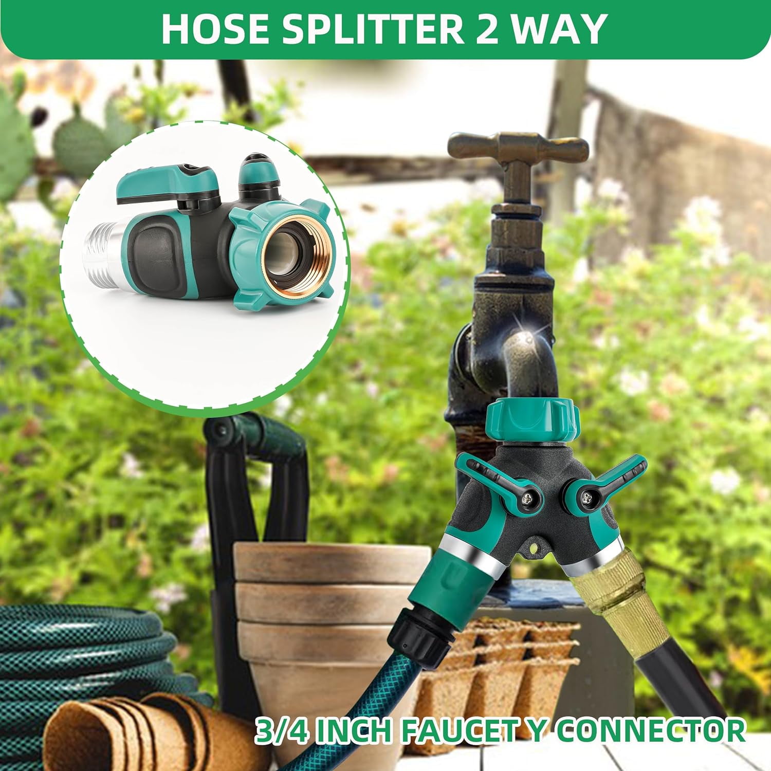 Garden Hose Splitter 2 Way, Y Splitter 2 Valves With 4 Leakproof ...