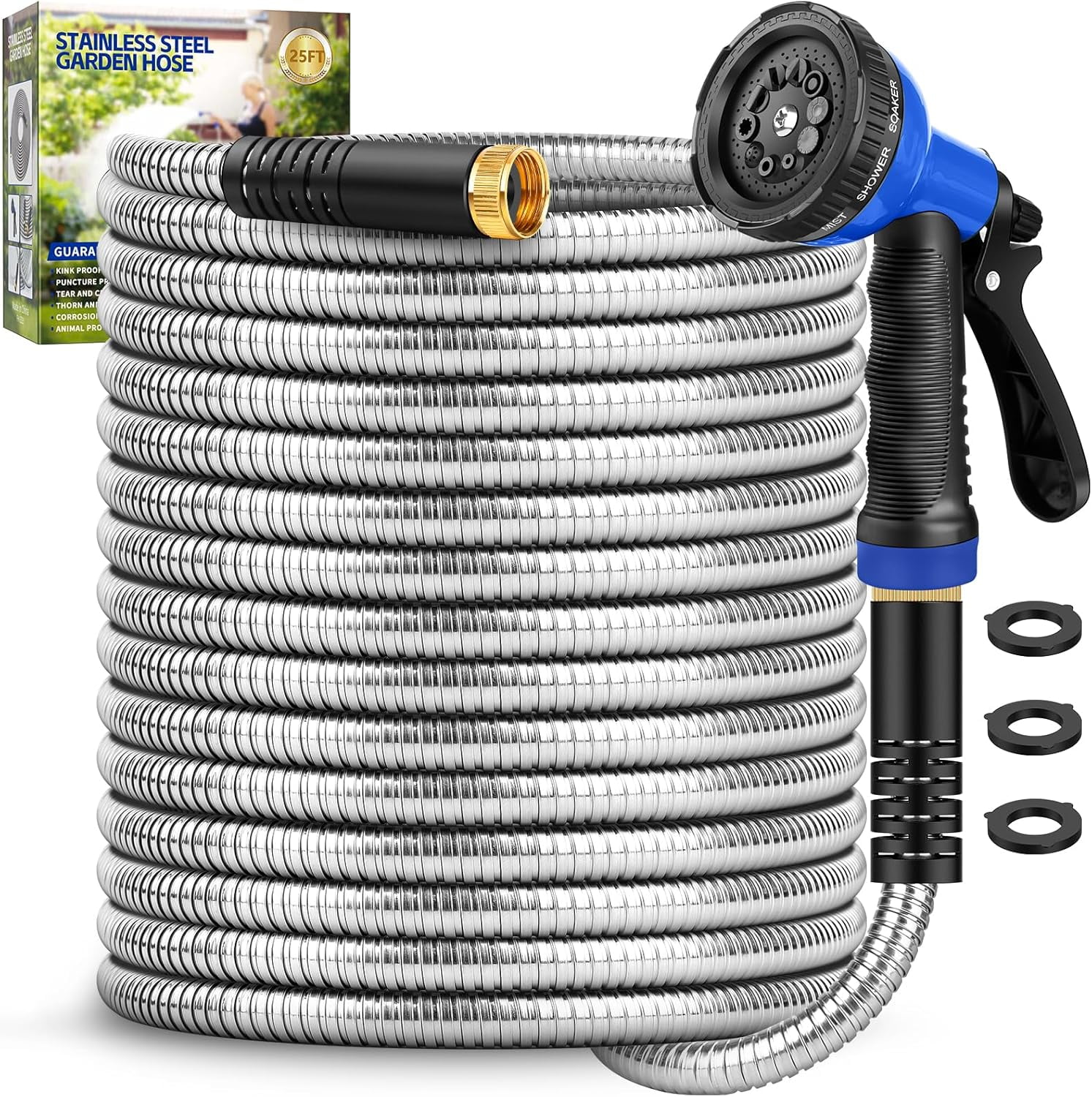Garden Hose, Stainless Steel Metal Water Hose with 10 Function Nozzle ...