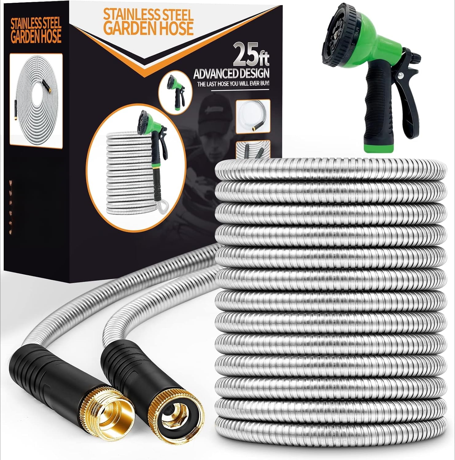 Garden Hose Stainless Steel Water Hose with 10 Function Nozzle Flexible ...