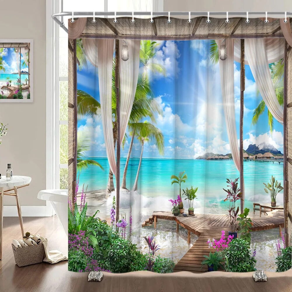 Garden Landscape Shower Curtains Spring Flowers Forest Deer Seaside ...