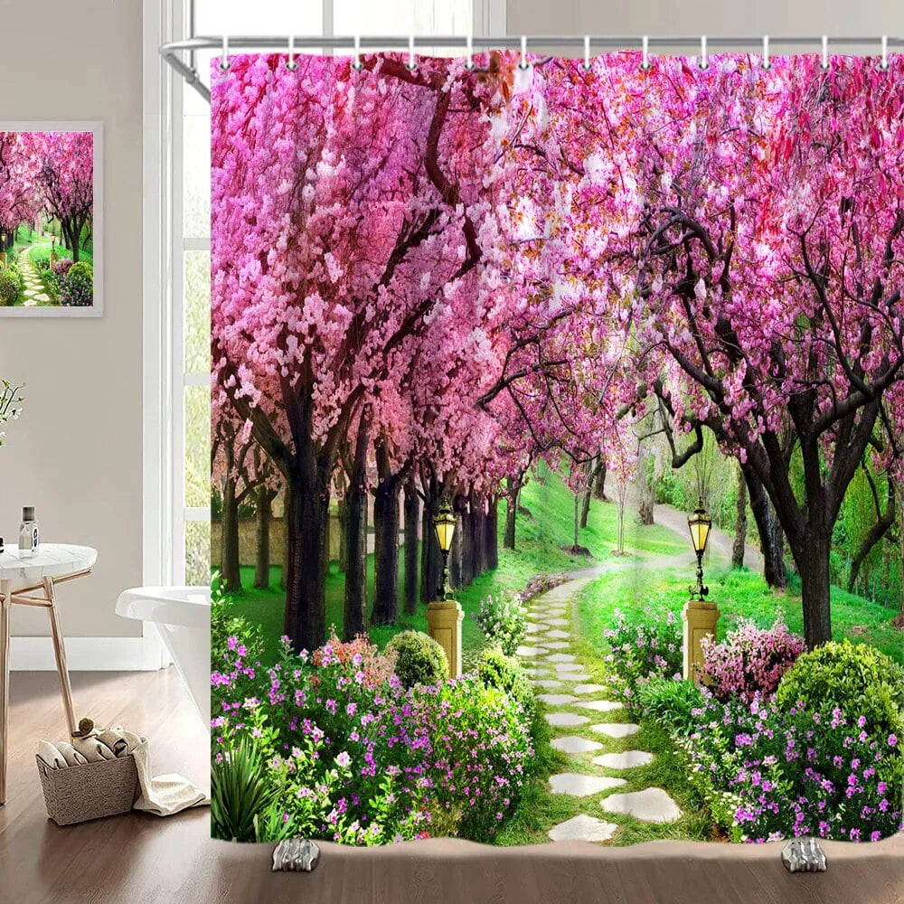 Garden Landscape Shower Curtains Spring Flowers Forest Deer Seaside ...