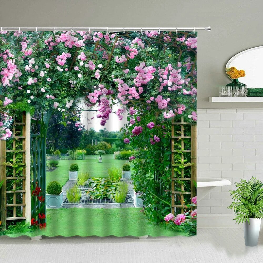 Garden Landscape Shower Curtains Spring Flowers Forest Deer Seaside ...