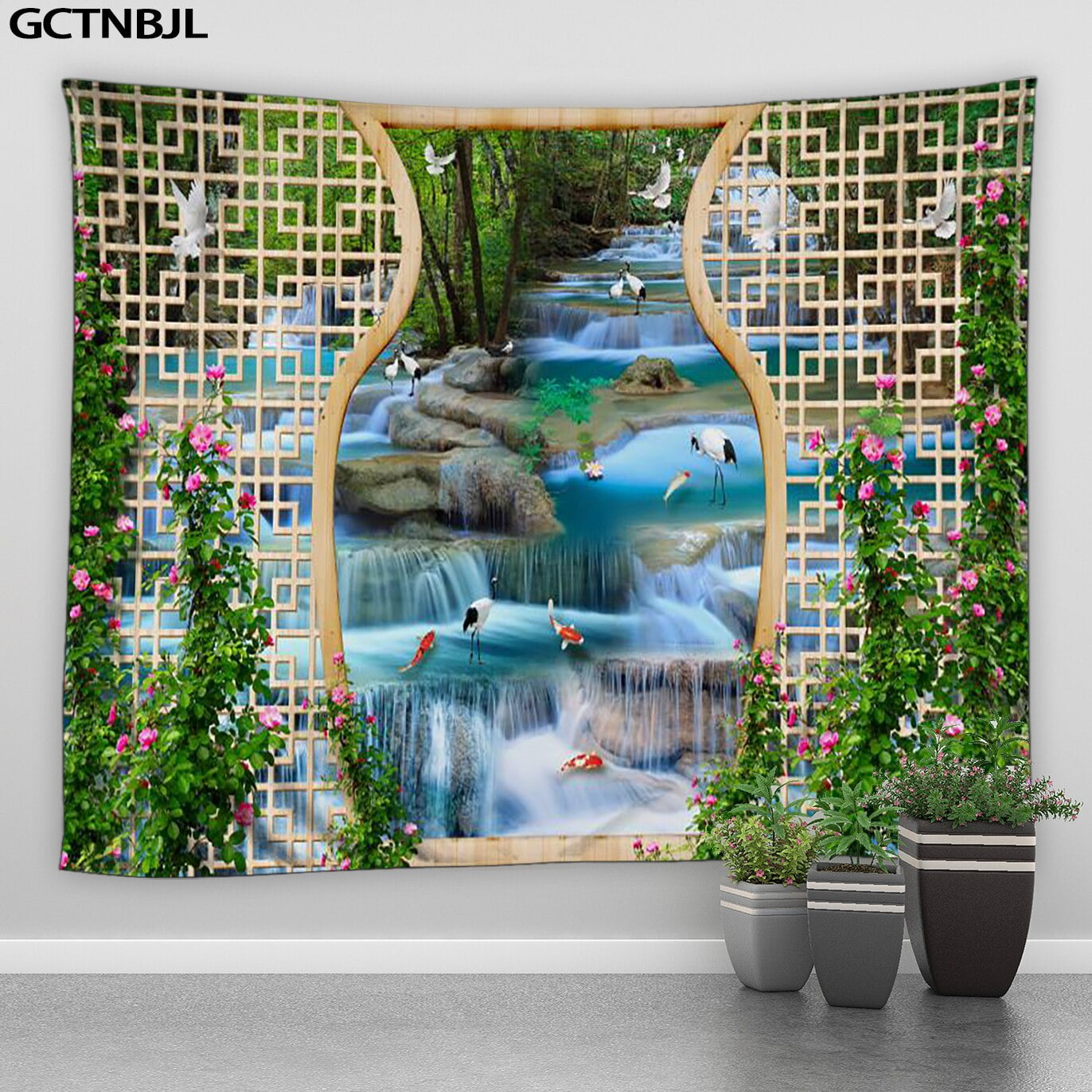 Garden Landscape Tapestry Wall Hanging Rustic Stone Arch Garden Peacock ...