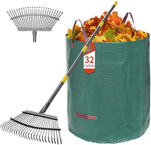Garden Leaf Rake Set with 25 Tines, Heavy Duty Metal Rake for Leave ...
