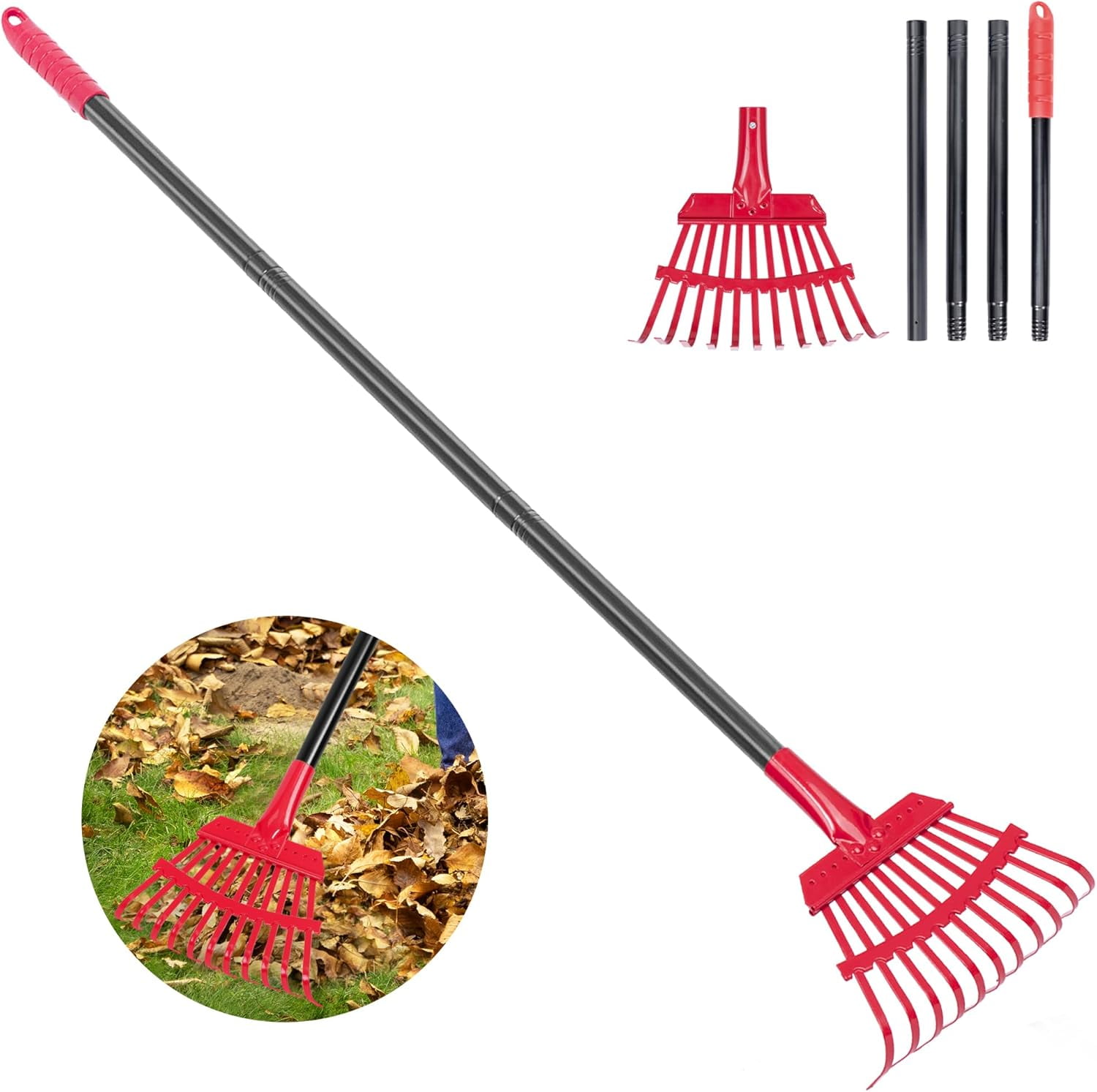 Garden Leaf Rake with 60 Inch Adjustable Long Steel Handle, 11 Metal ...