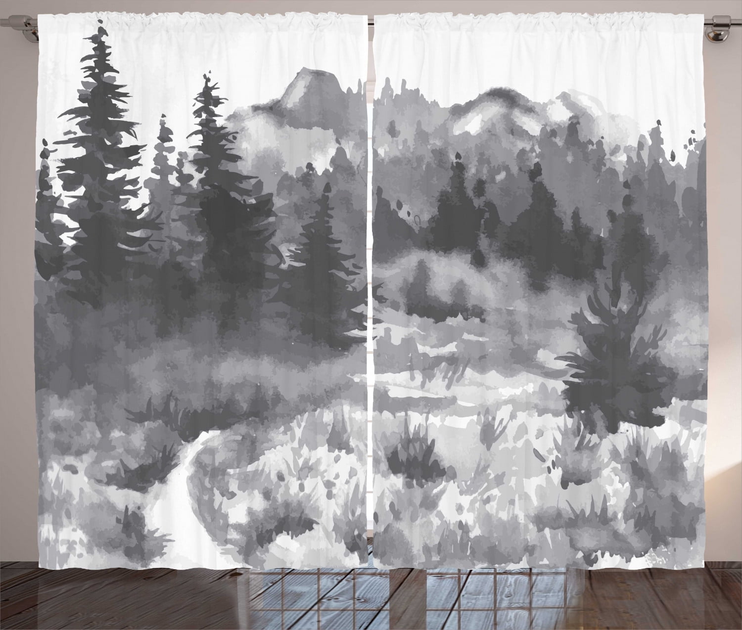 Garden Mist Curtains 2 Panels Set, Greyscale Design Watercolor Hand ...