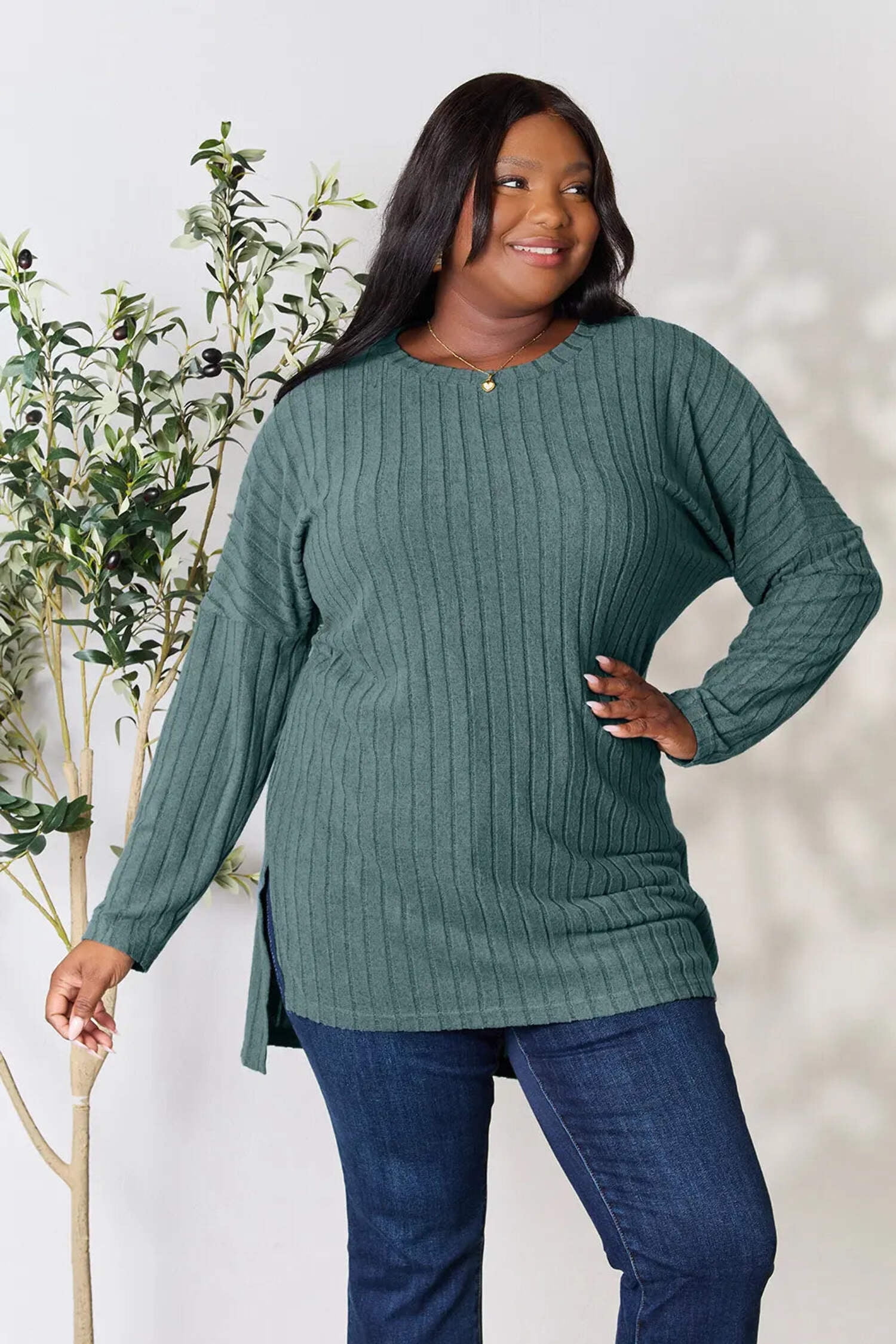 Garden Naked Basic Bae Full Size Ribbed Round Neck Long Sleeve Slit Top ...