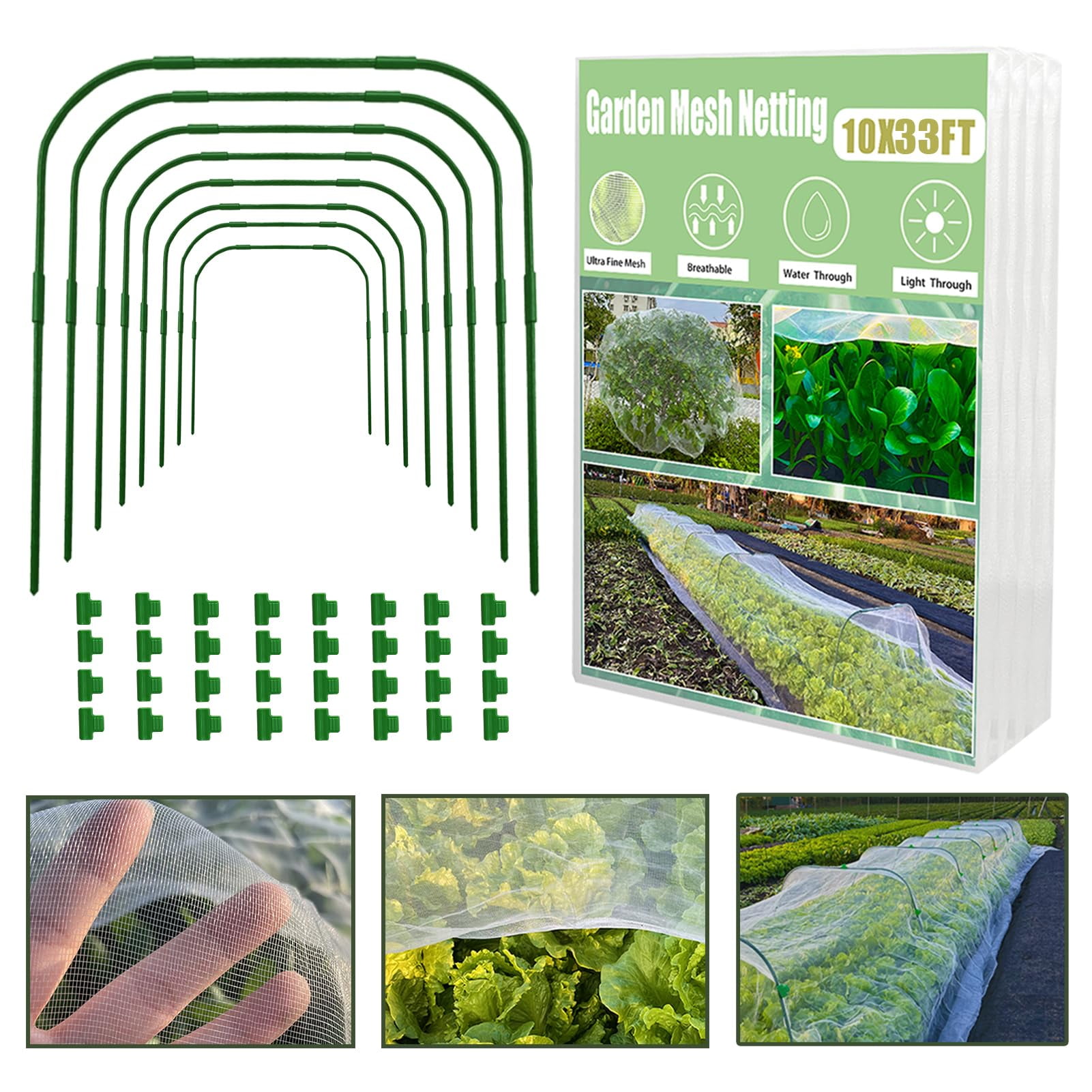 Garden Netting Kit, 10X33FT Vegetable Net with 8Pcs Hoops and 32 Clips ...