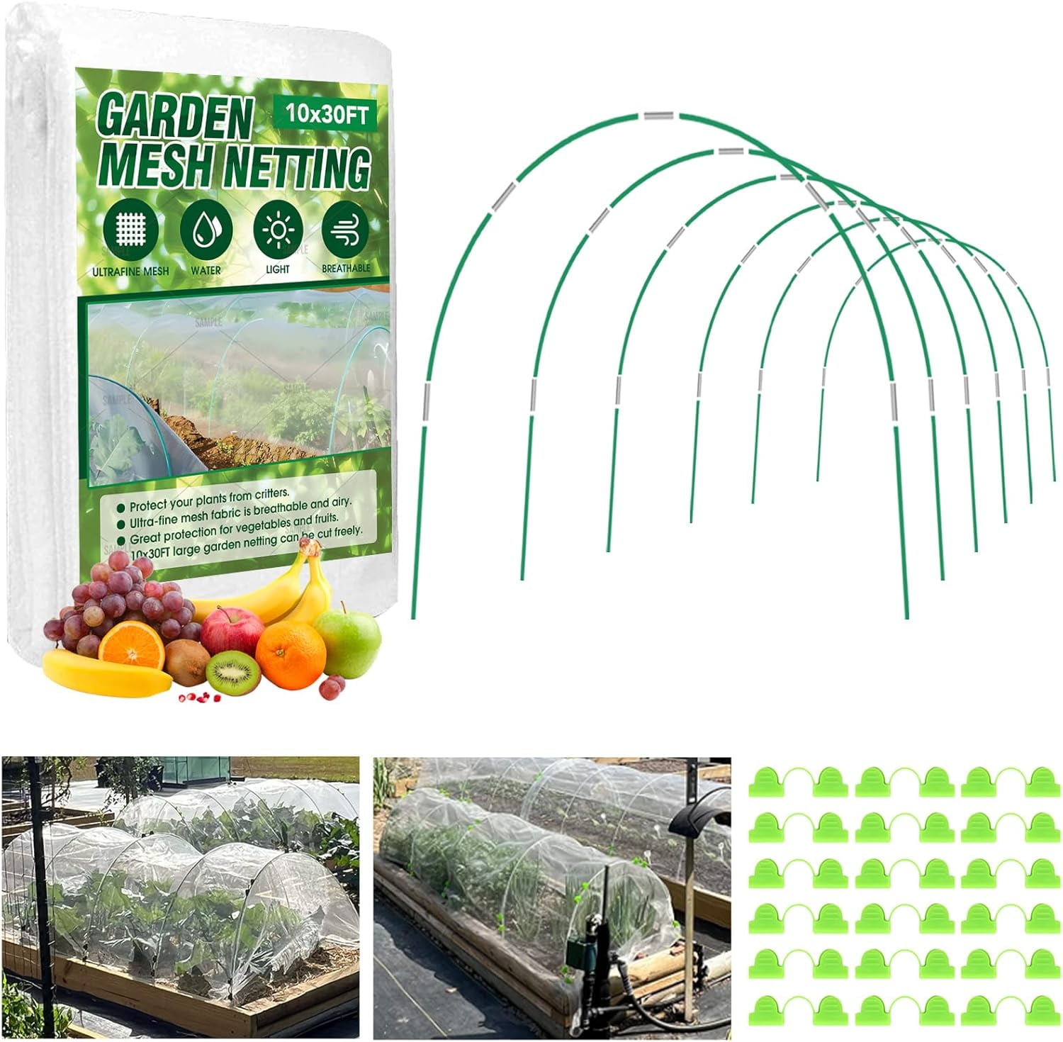 Garden Netting Kit, 10x30FT Ultra Fine Mesh Netting ＆6 Sets of 8FT ...