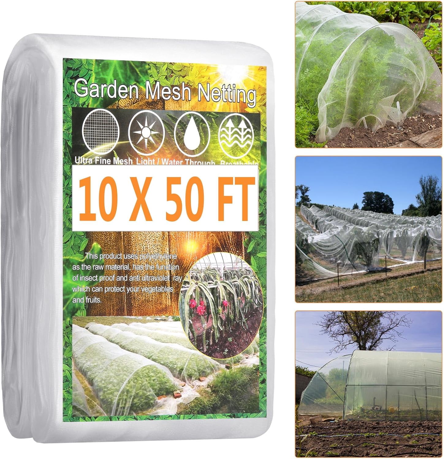 Garden Netting Pest Barrier, 10 X 50FT Insect for Raised Beds, Bug ...