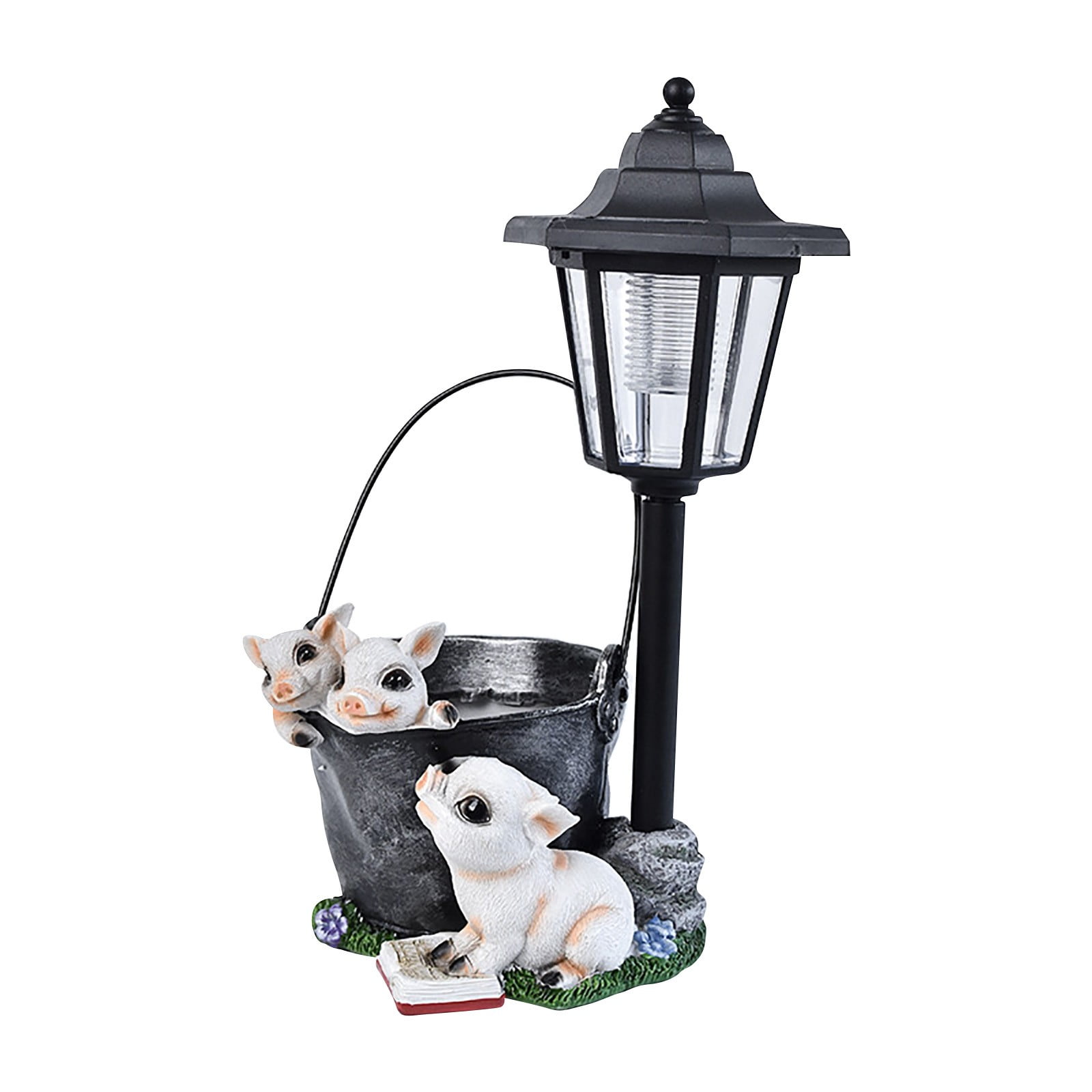Garden Pig Statue, Resin Animals Figurine with Solar LED Light, Flower ...