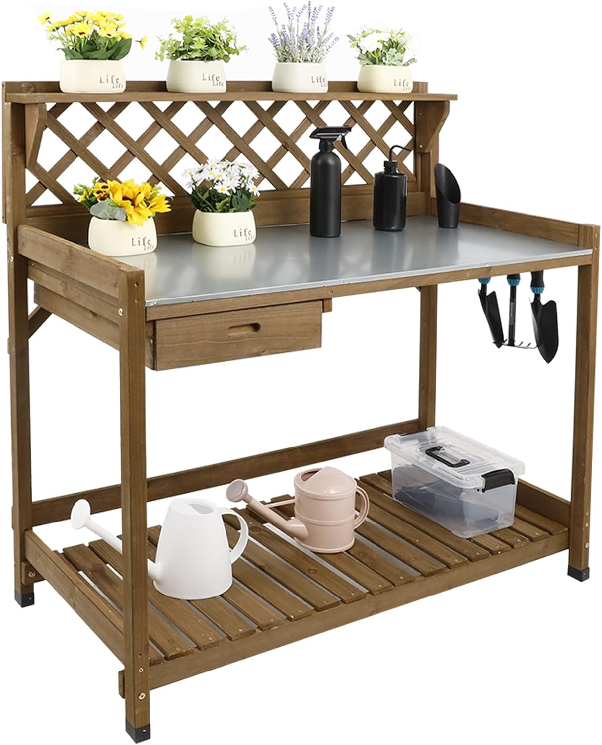 Garden Potting Bench with Metal Tabletop,Outdoor Potting Table ...