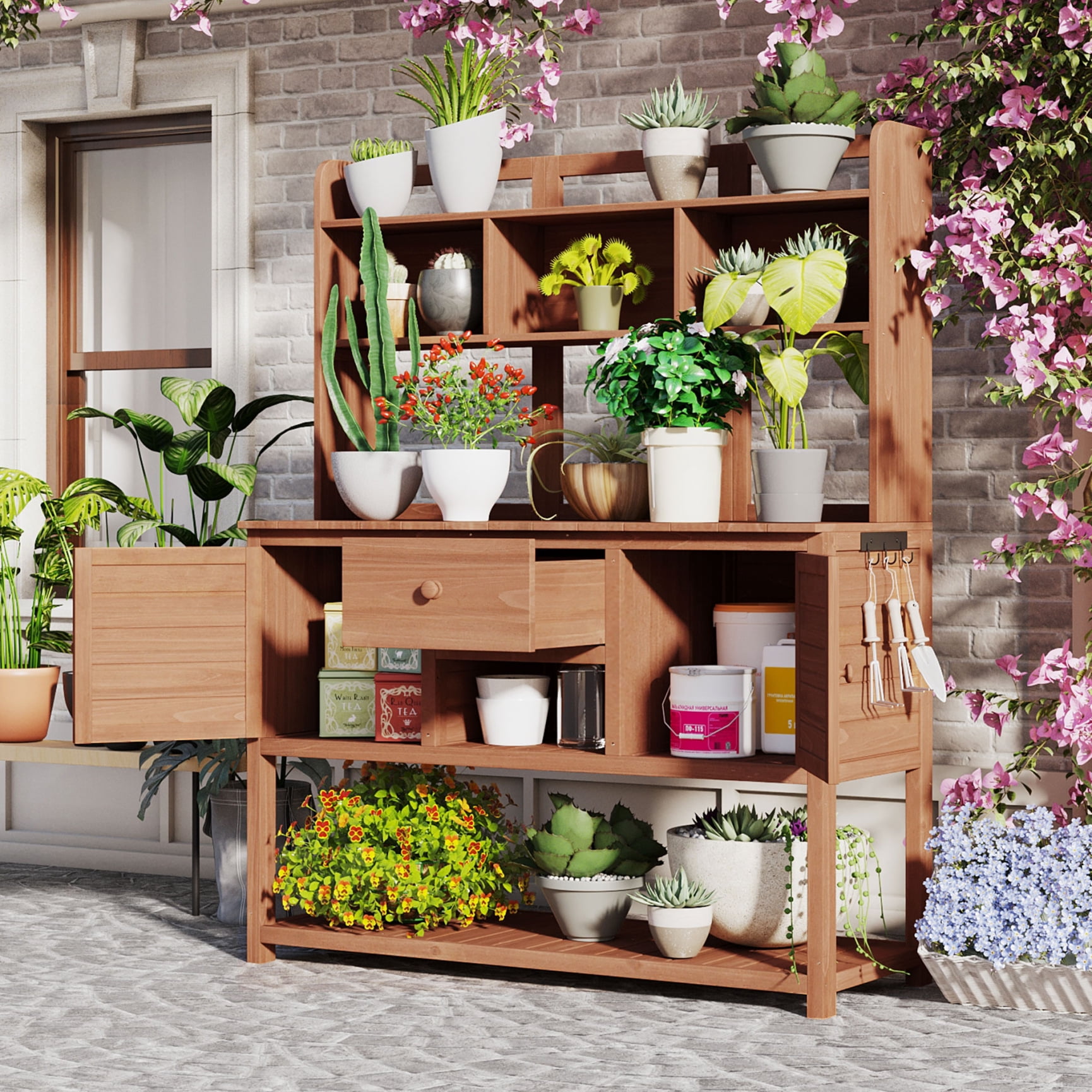 Garden Potting Bench Table with Hutch, Patio Storage Workstation with ...