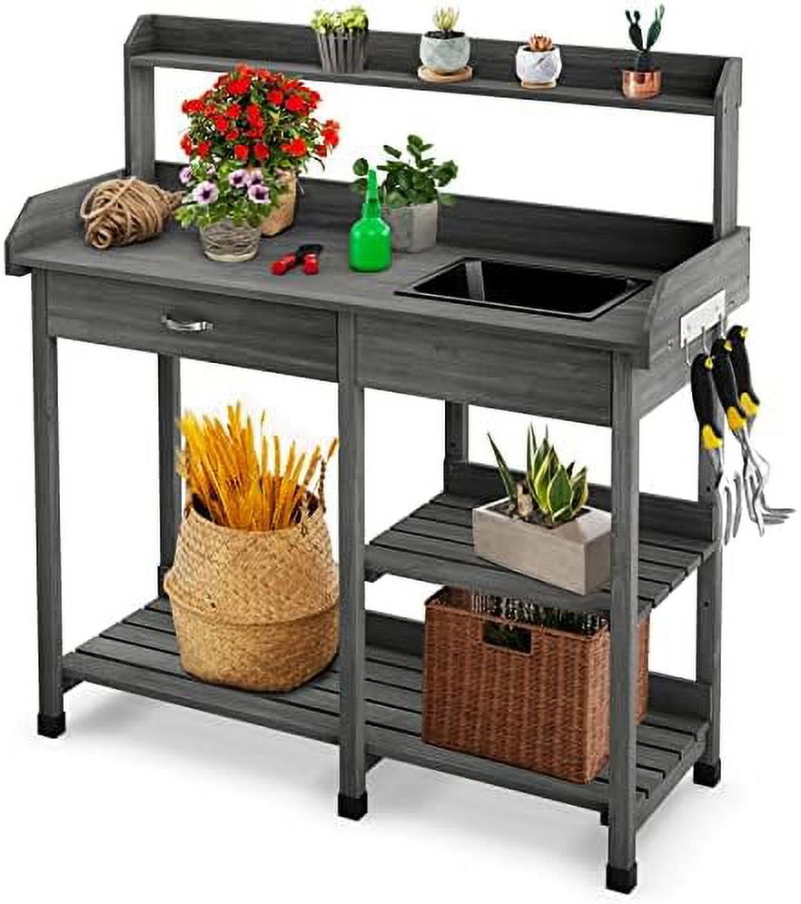 Garden Potting Bench Table Wood Potting Work Table for Yard Plant Lawn ...
