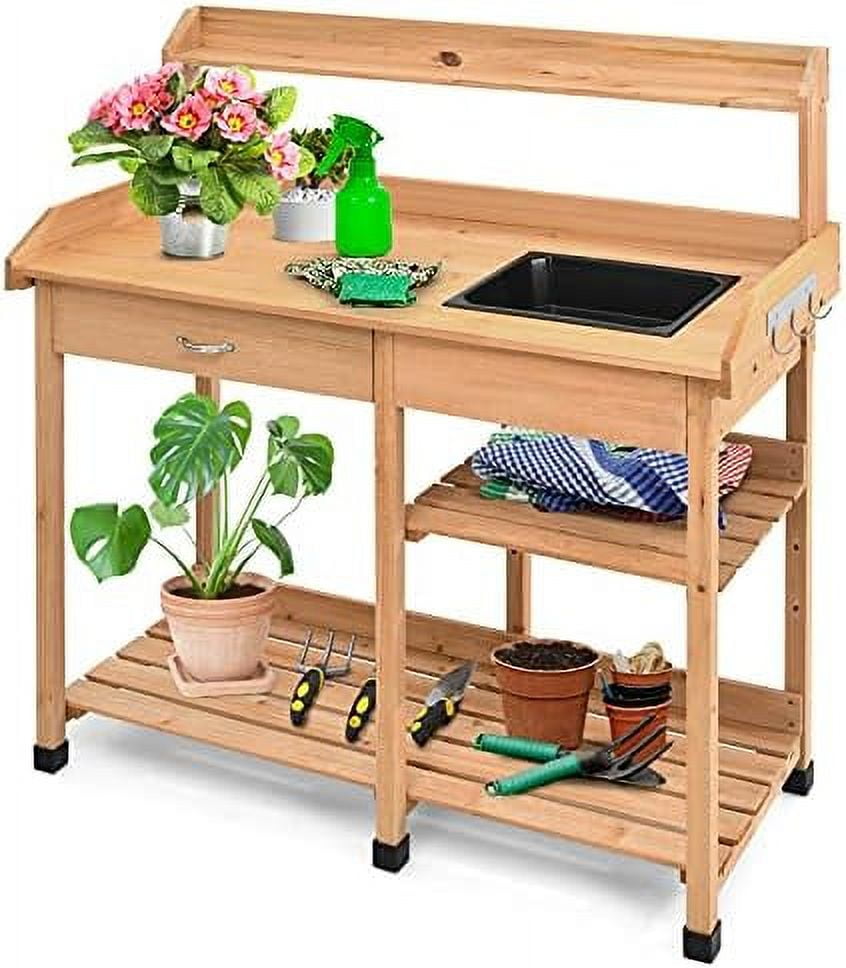 Garden Potting Bench Table Wood Potting Work Table for Yard Plant Lawn ...
