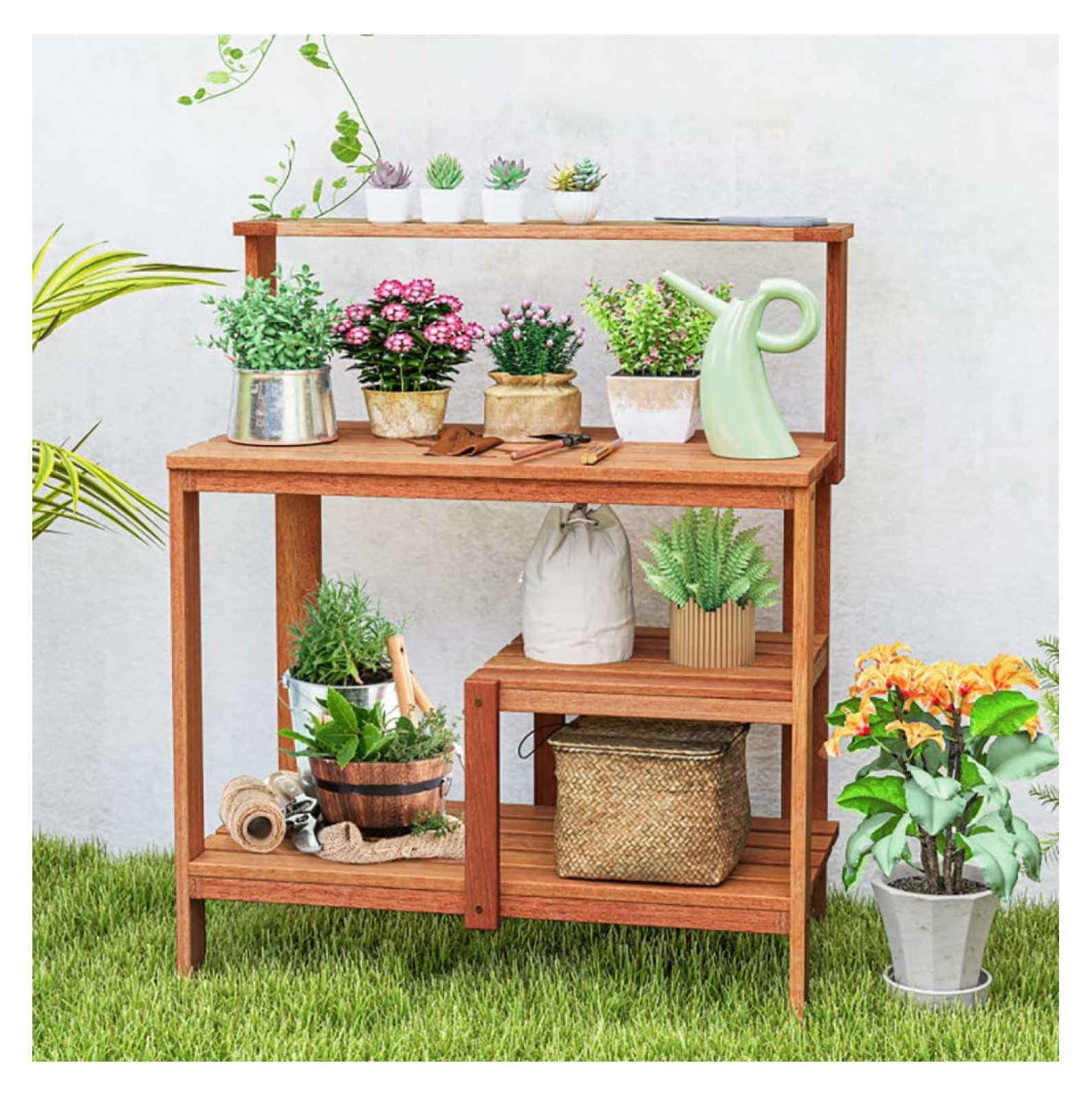 Garden Potting Bench Wood Workstation with Shelves - Outdoor Planting ...