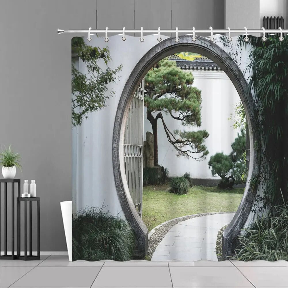 Garden Printed Shower Curtains Hooks Chinese Moon Gate Landscape ...