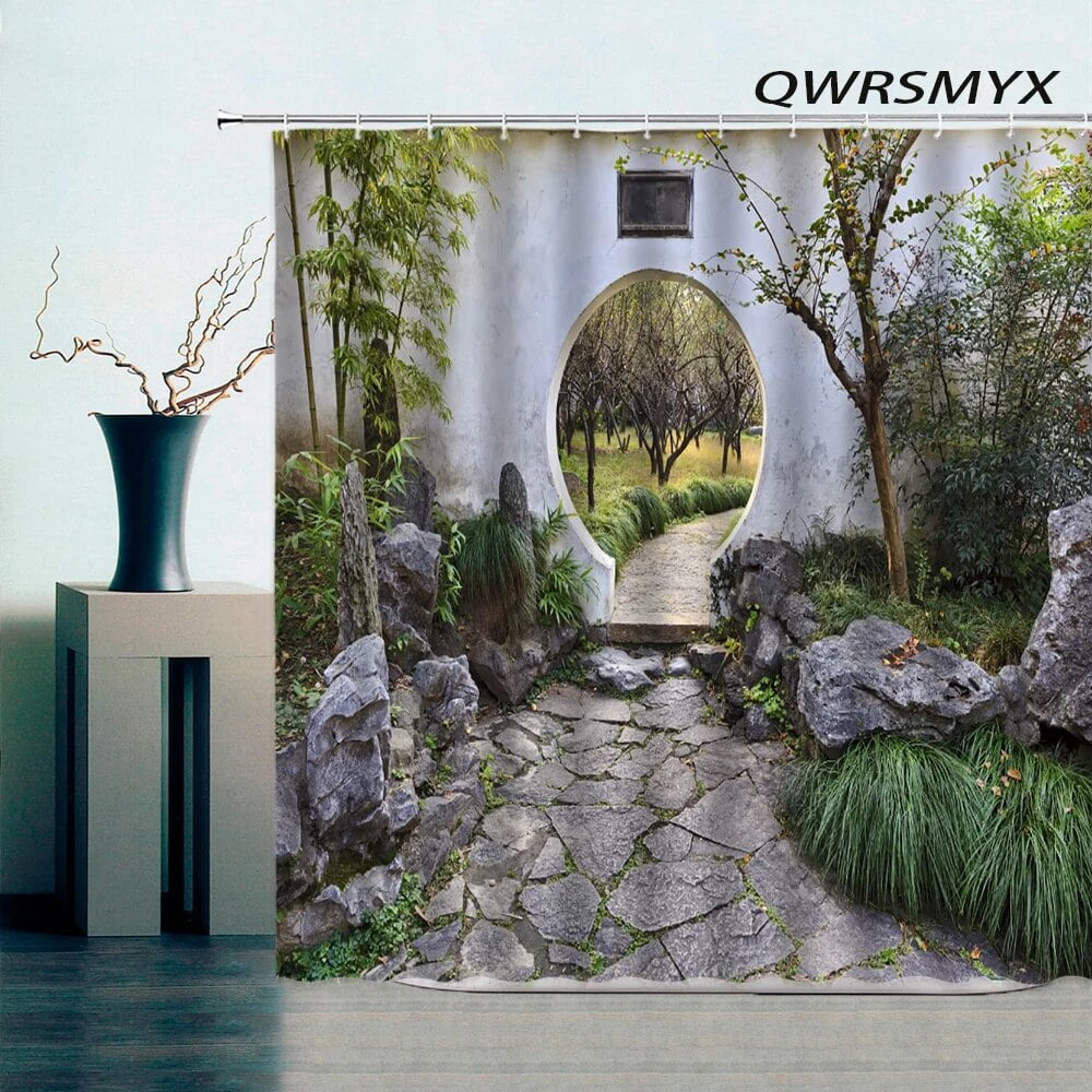 Garden Printed Shower Curtains Hooks Chinese Moon Gate Landscape ...