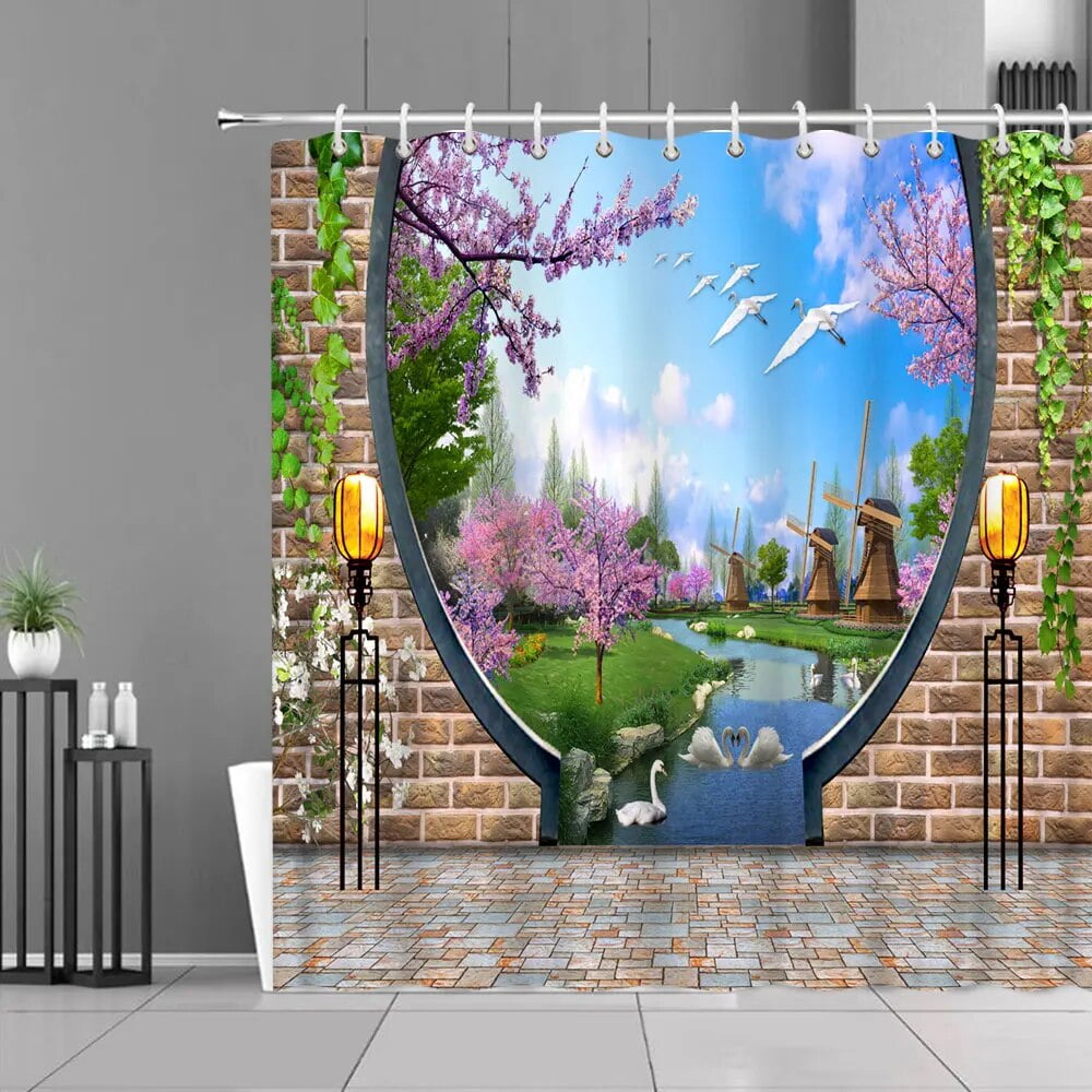 Garden Printed Shower Curtains Hooks Chinese Moon Gate Landscape ...