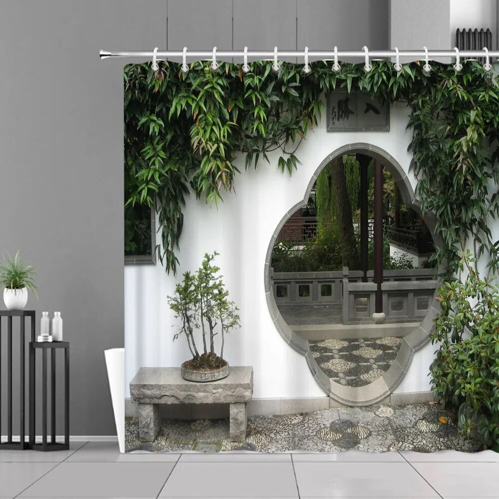 Garden Printed Shower Curtains Hooks Chinese Moon Gate Landscape ...