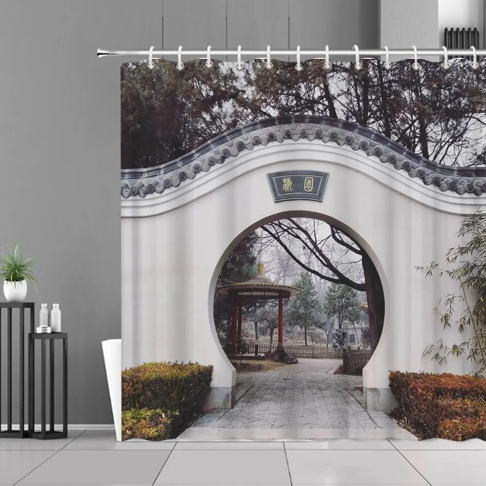 Garden Printed Shower Curtains Hooks Chinese Moon Gate Landscape ...