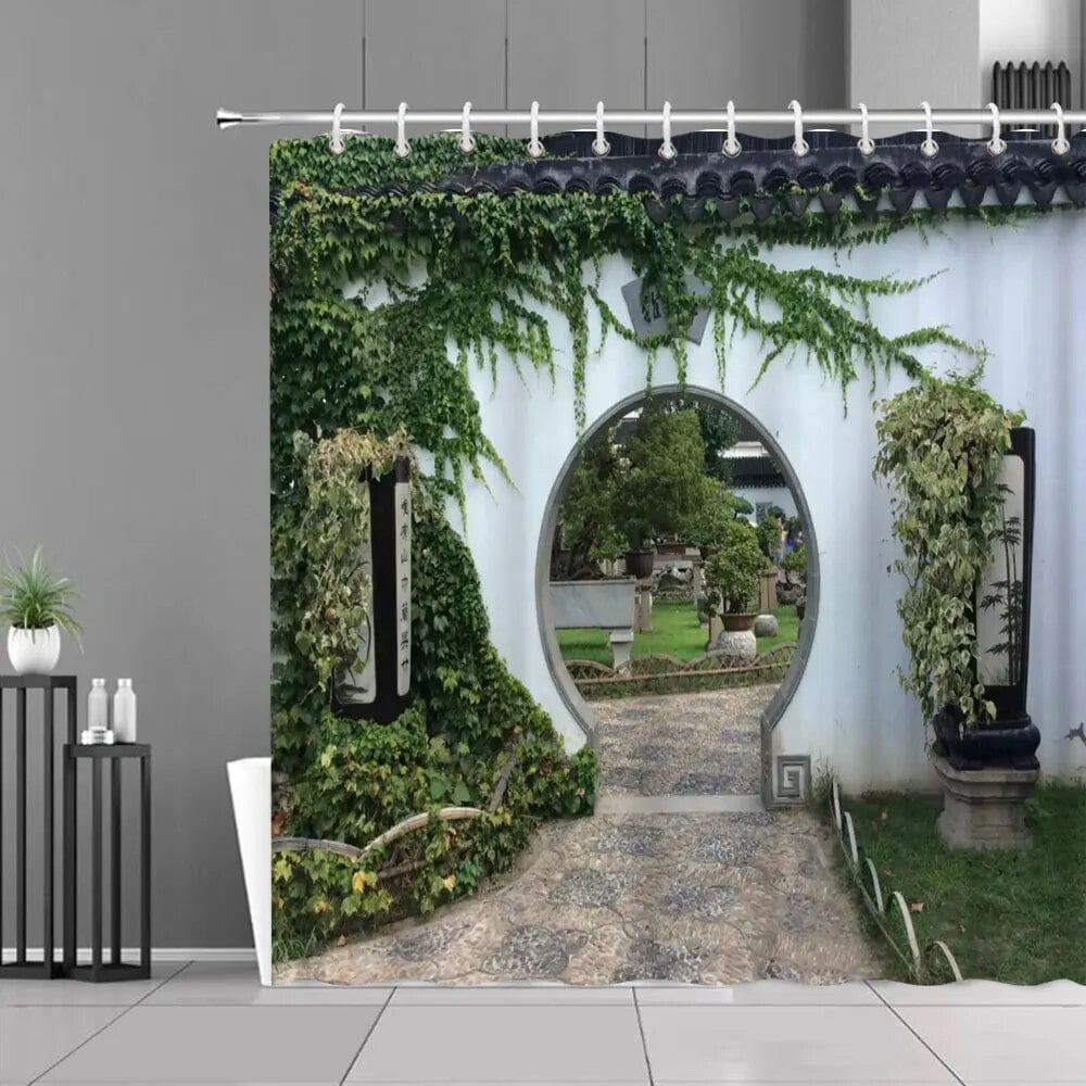 Garden Printed Shower Curtains Hooks Chinese Moon Gate Landscape ...