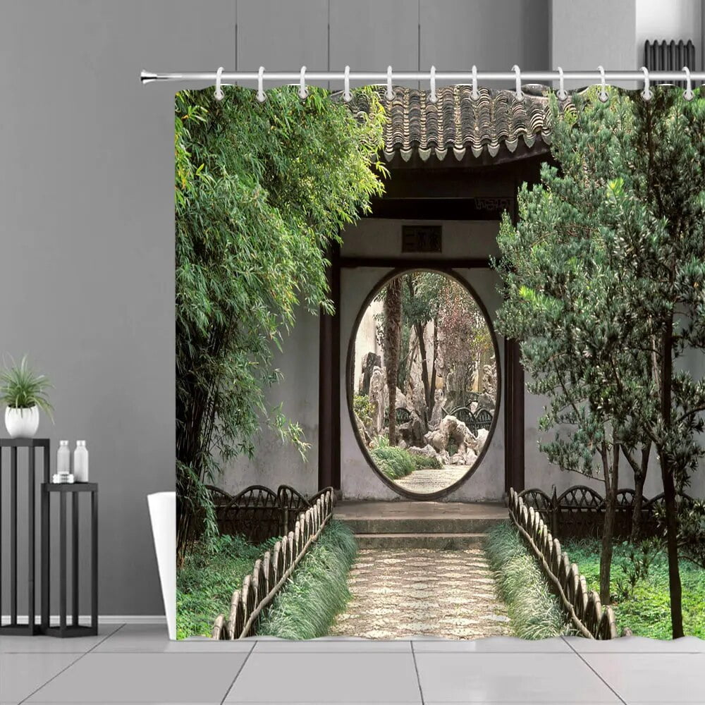 Garden Printed Shower Curtains Hooks Chinese Moon Gate Landscape ...