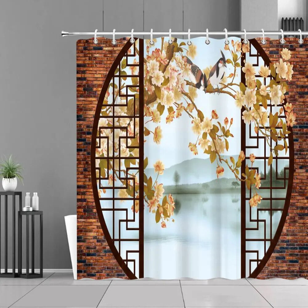 Garden Printed Shower Curtains Hooks Chinese Moon Gate Landscape ...