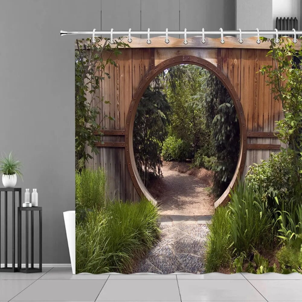 Garden Printed Shower Curtains Hooks Chinese Moon Gate Landscape ...