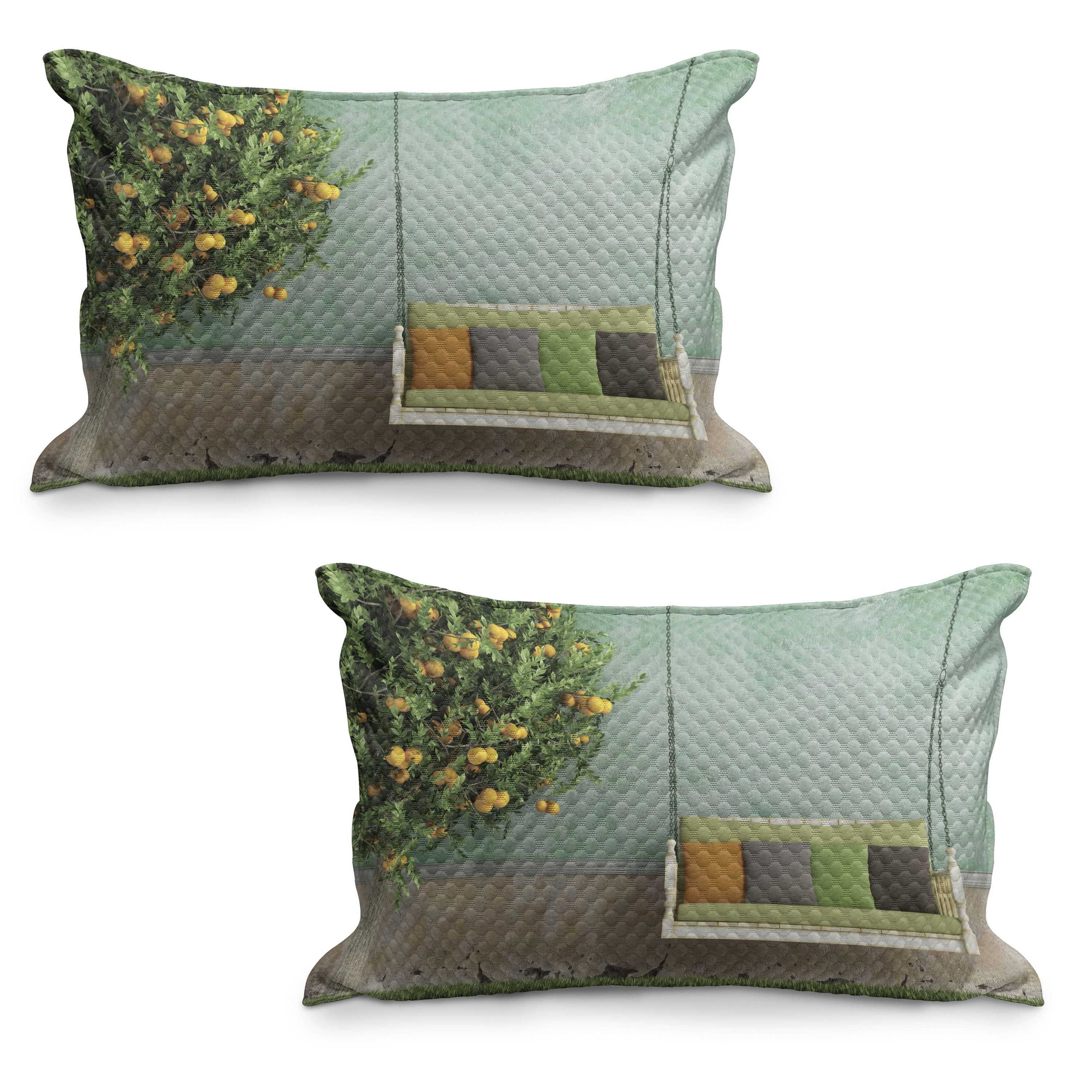 Garden Quilted Pillowcover Set of 2, Vintage Wooden Swing in the Old House a Lemon Tree ...