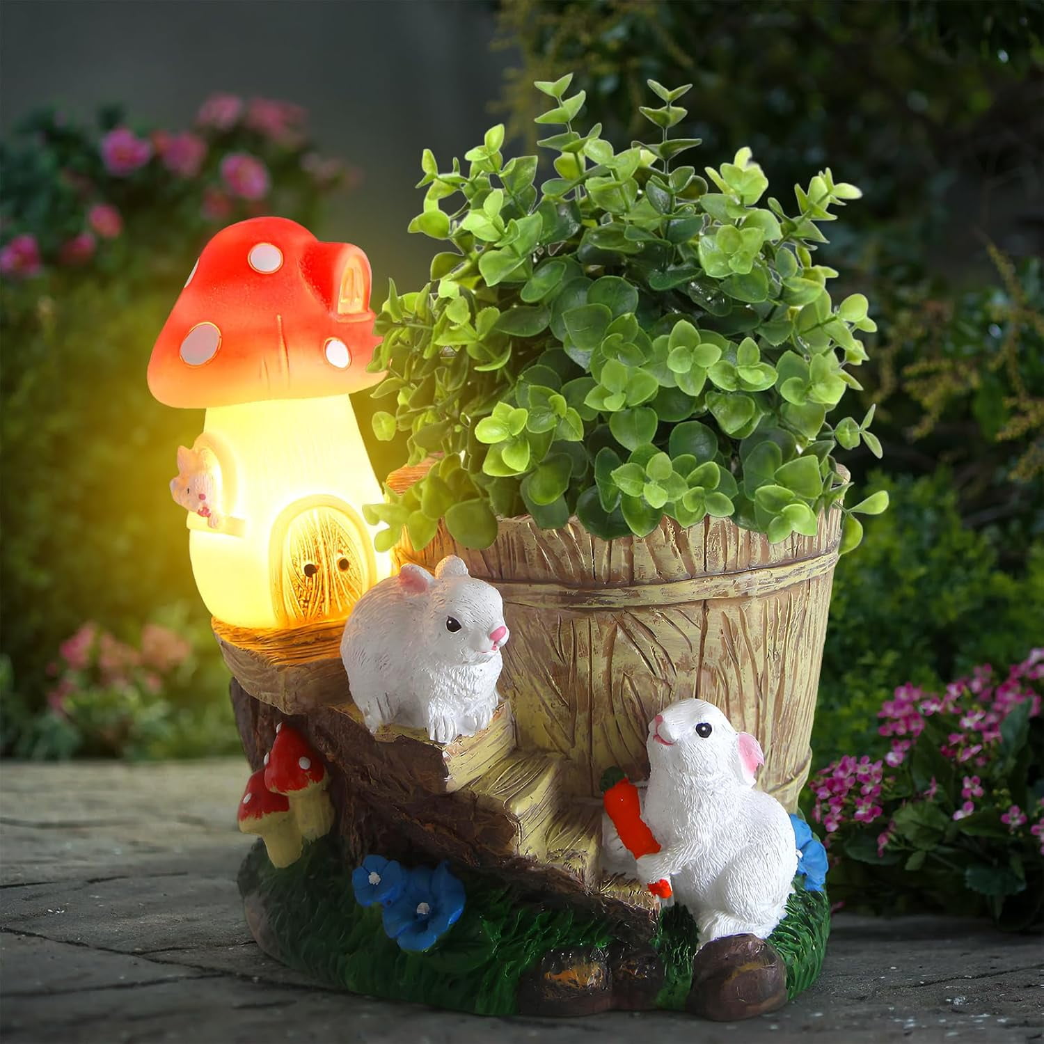 Garden Rabbit Statue,Resin Rabbit Figurine with Solar LED Light,Flower ...