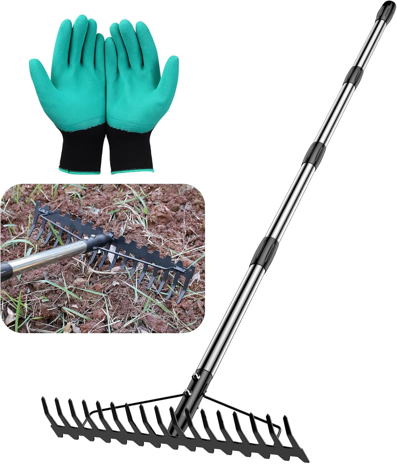 Garden Rake, 2024 Upgraded [Heavy Duty] 5.2FT Bow Rake with Adjustable ...