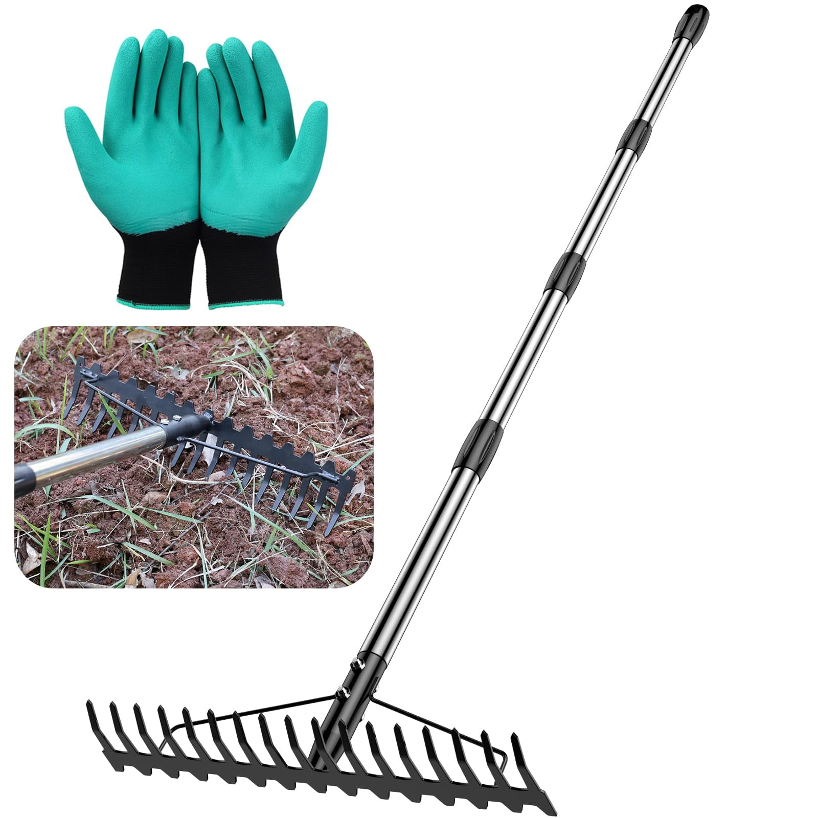 Garden Rake, 2024 Upgraded [Heavy Duty] 5.2FT Bow Rake with Adjustable ...
