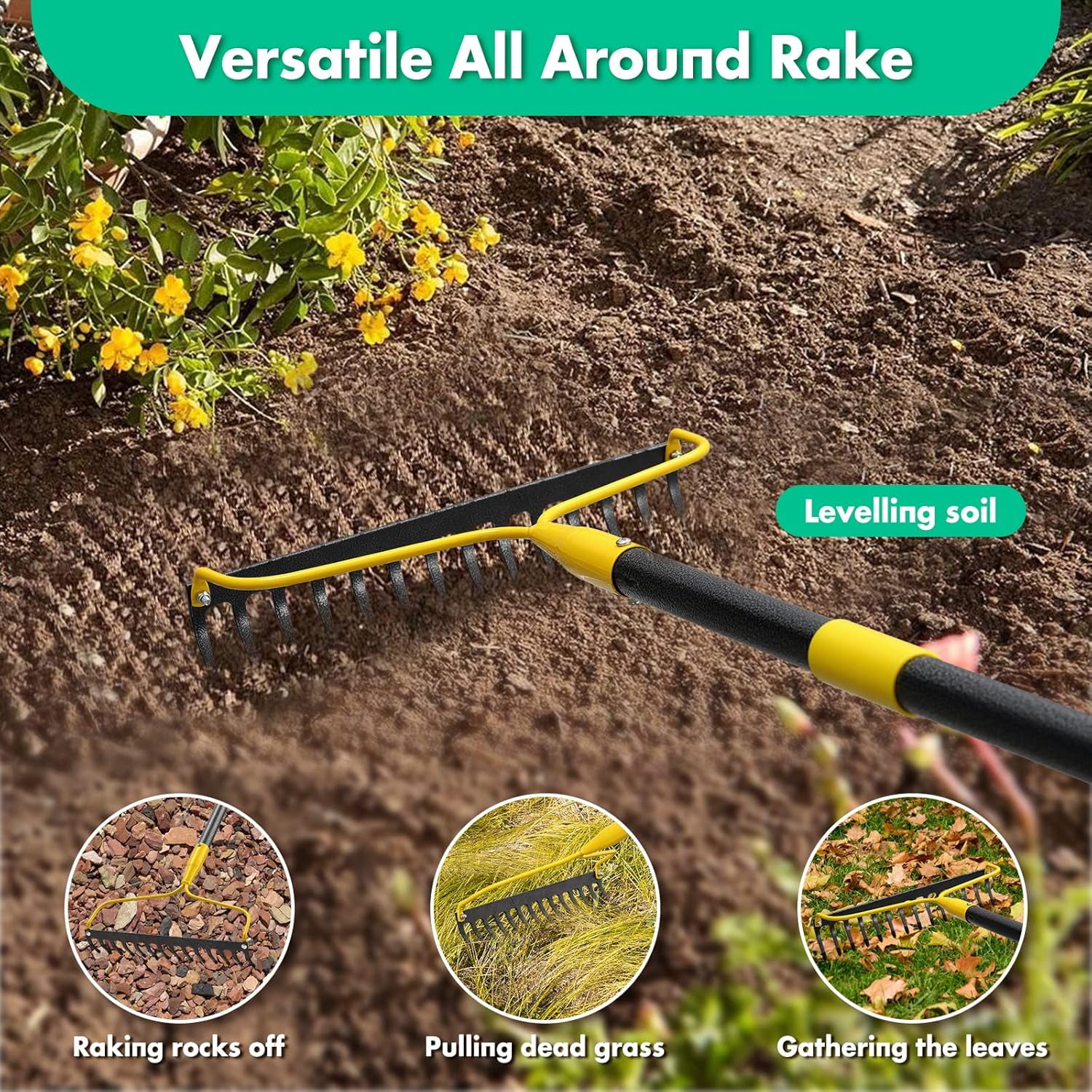 Garden Rake, 60 Inch Long 14 Inch Wide Heavy Duty 14 Tines Metal Bow ...