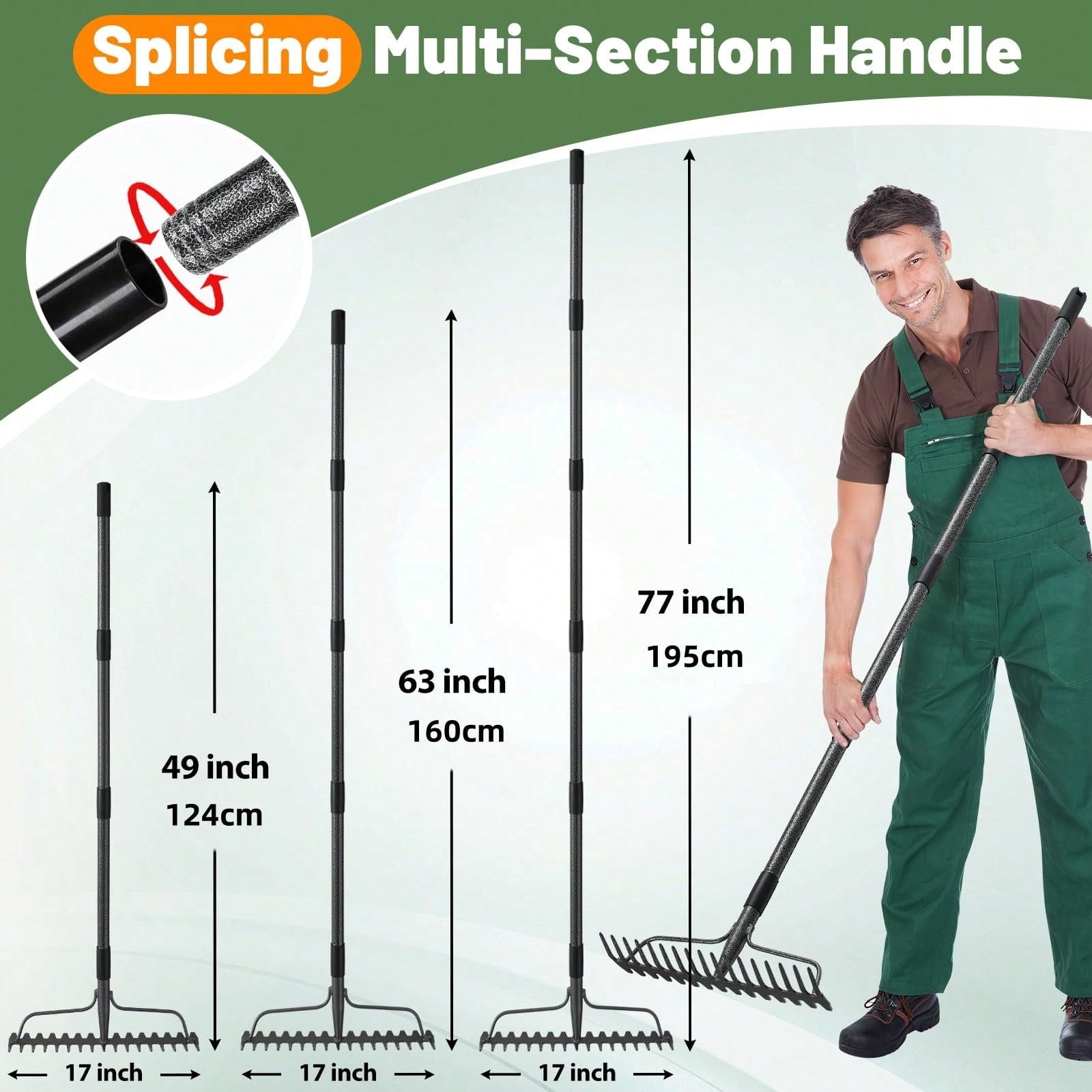 Garden Rake, 63 Inch Long Handle With 17 Tongs, Heavy Duty Metal Bow ...