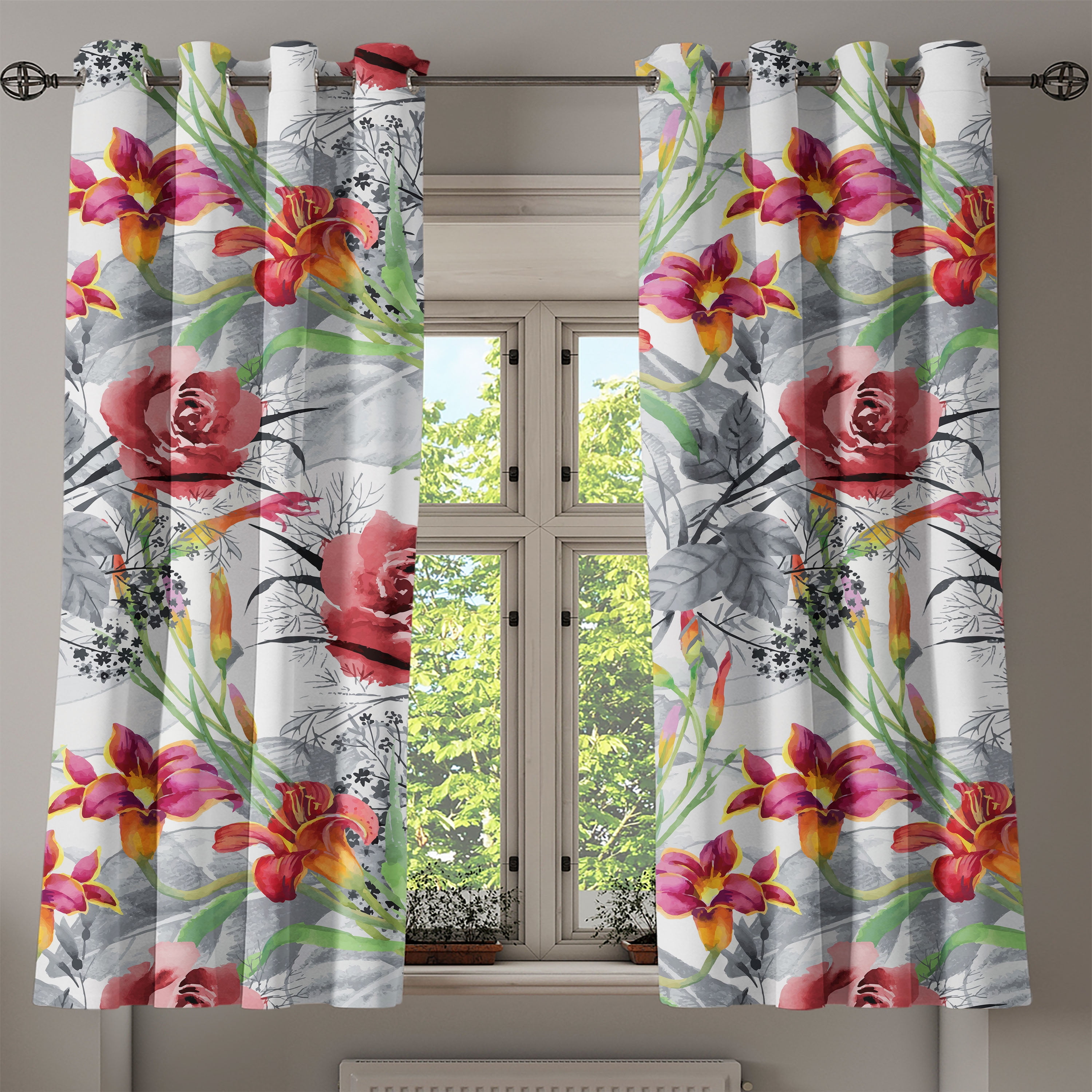 Garden Scene Grommet Curtain Watercolor Botany Concept Floral Boho And