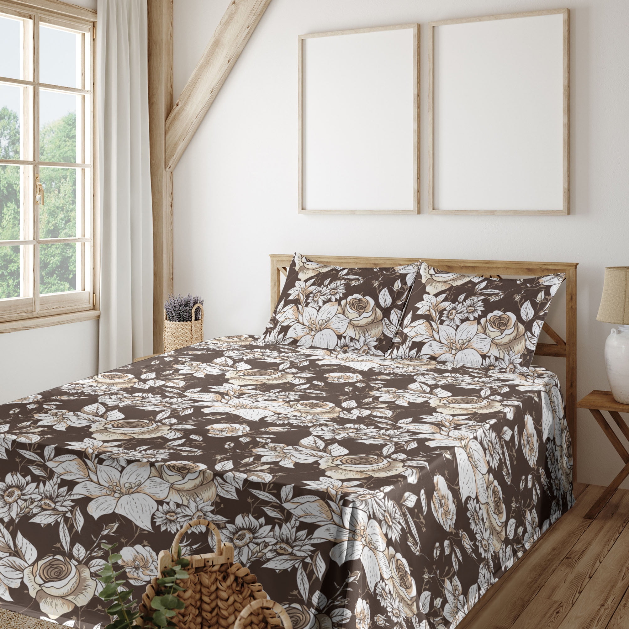 Garden Scene Sheet Set, Neutral Traditional Roses and Floral Pattern ...