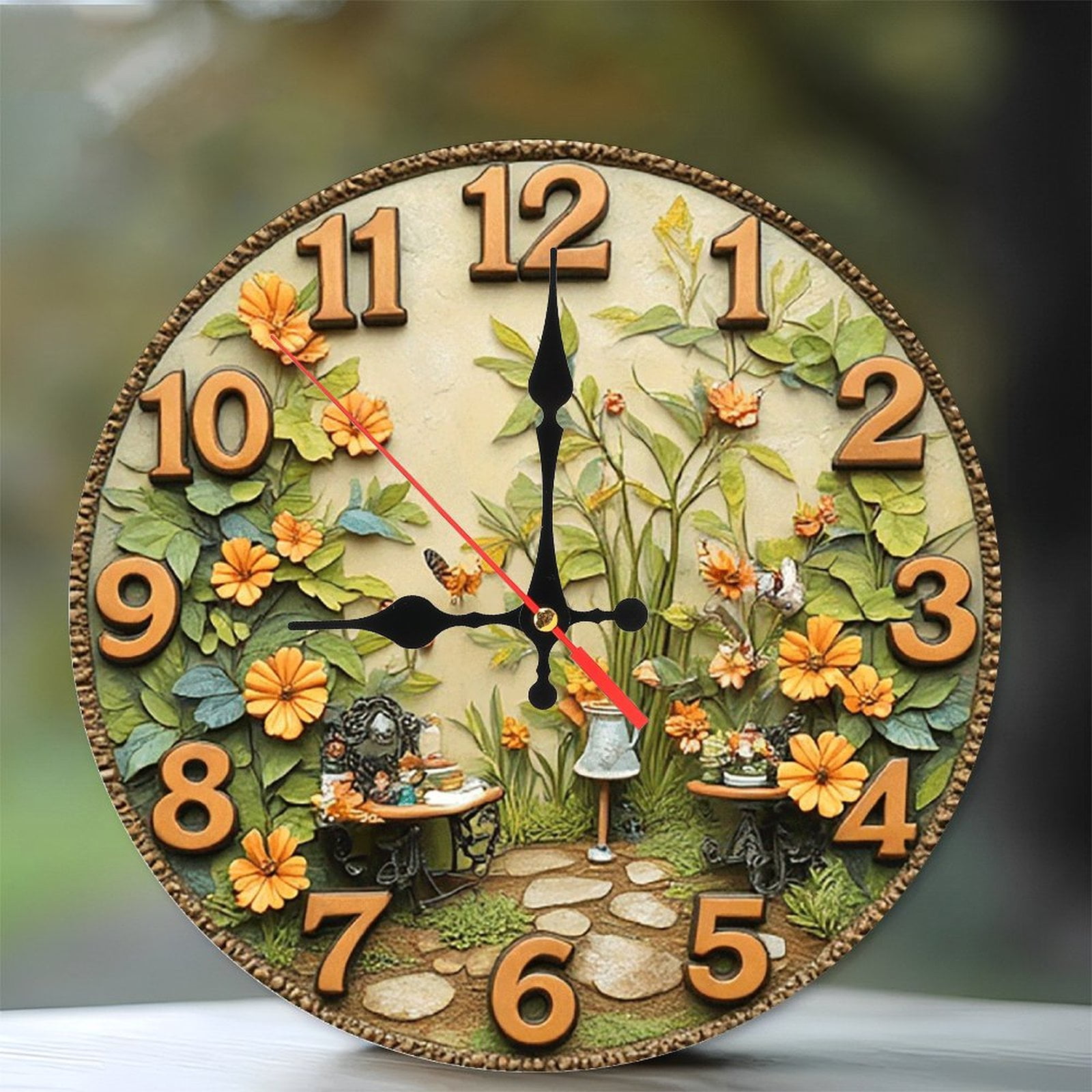 Garden Scene Wall Clock Orange Flowers Vintage Decor 10-Inch Silent ...