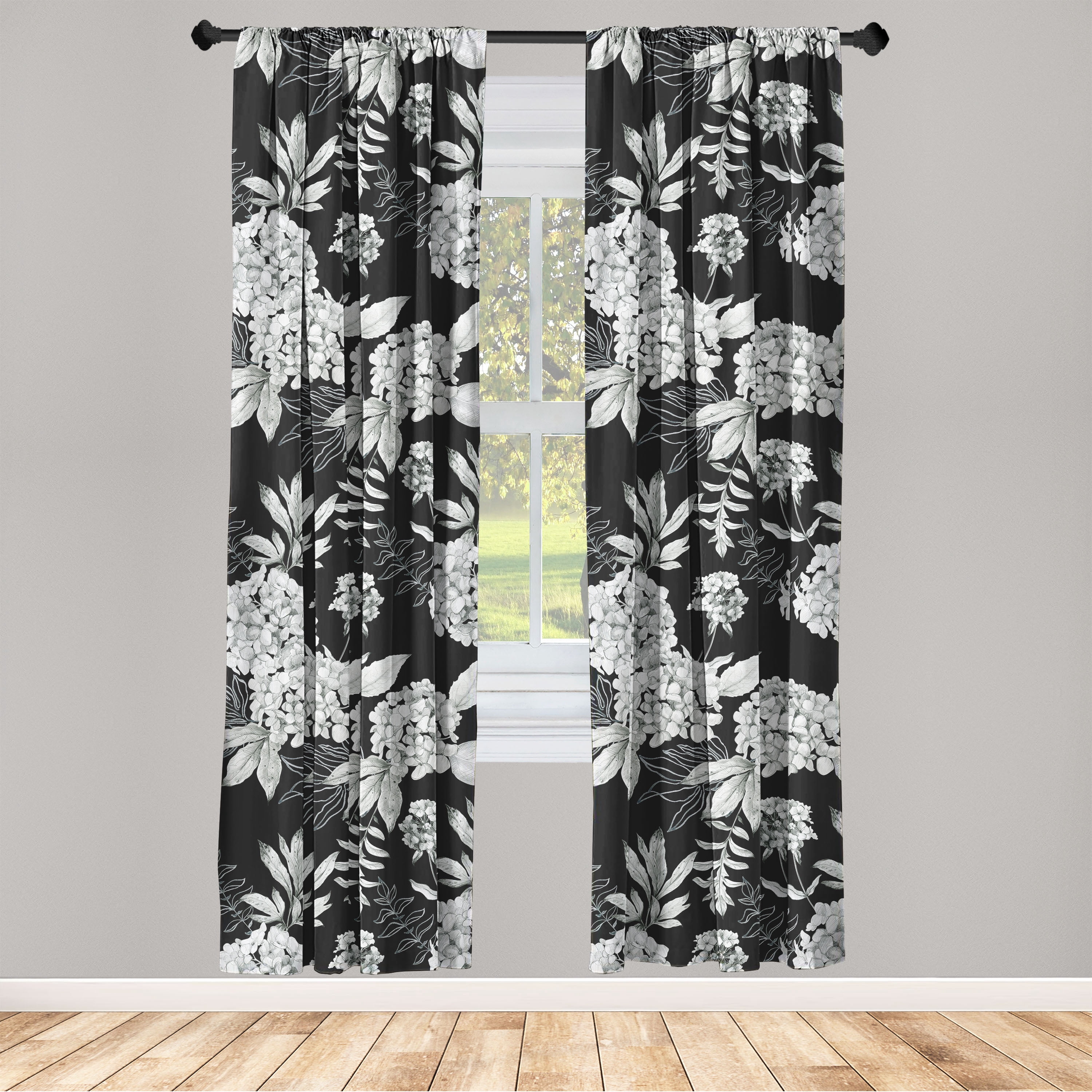 Garden Scene Window Curtains, Botanical Vibe Monochrome Hydrangea ...