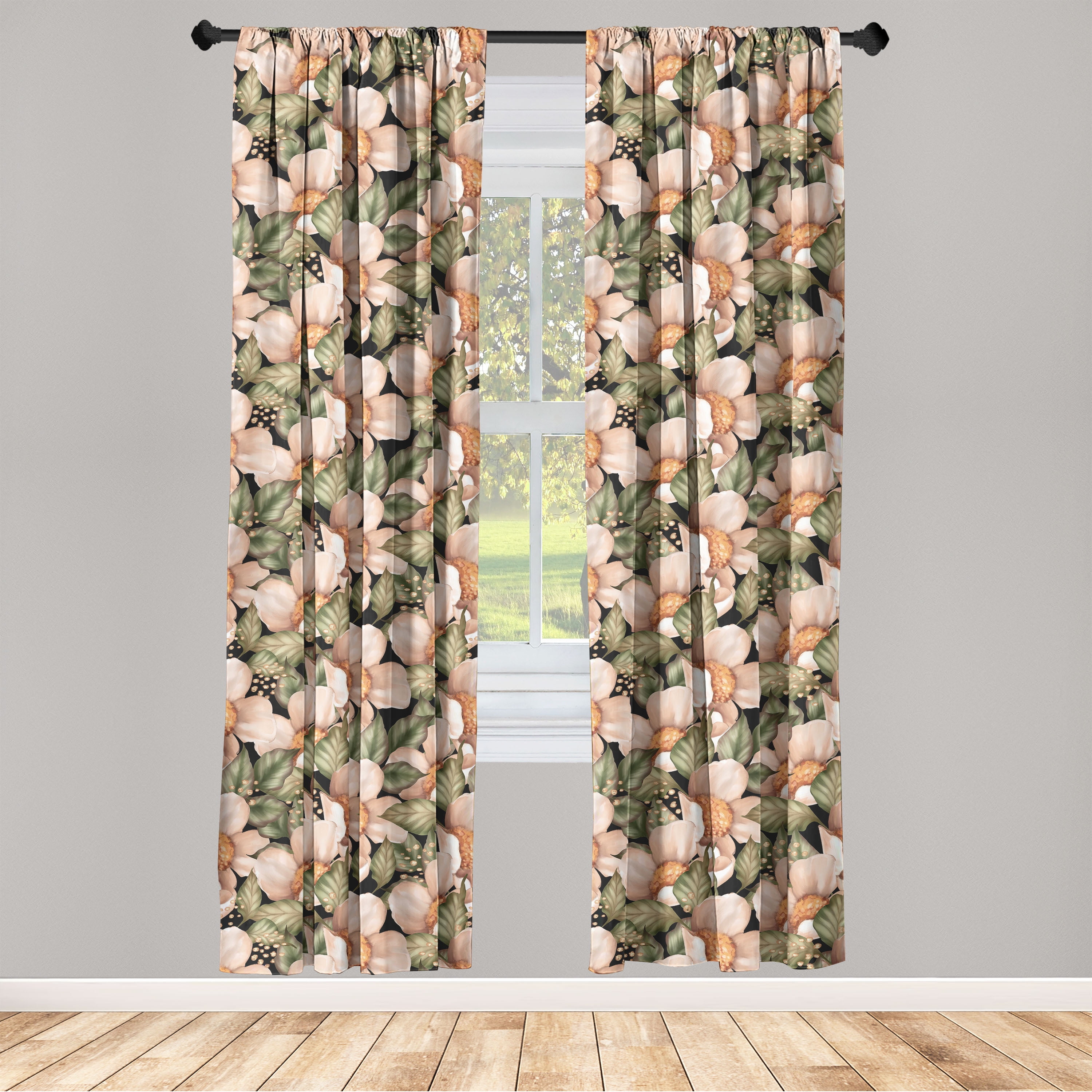 Garden Scene Window Curtains, Springtime Floral Design With Leaves ...