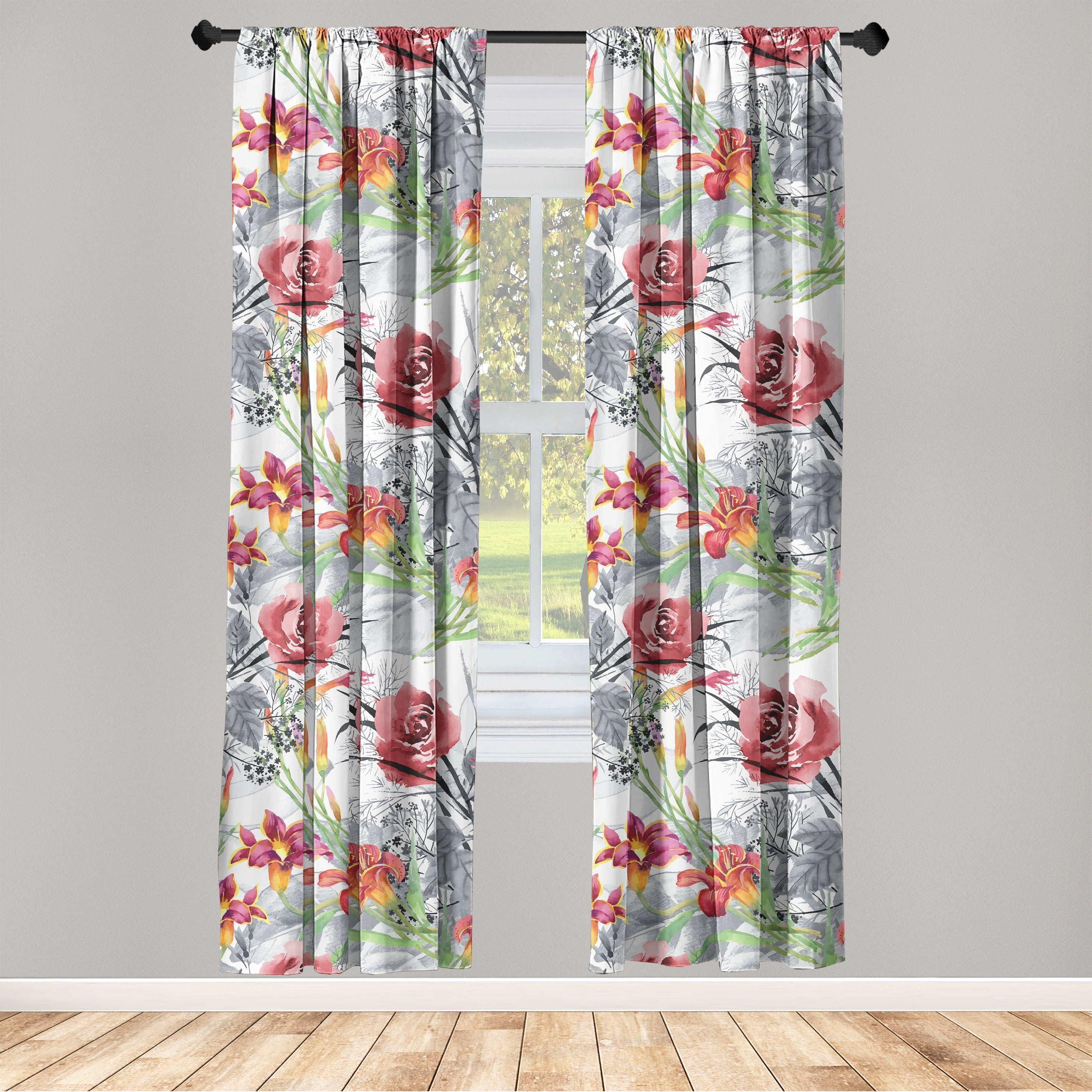 Garden Scene Window Curtains, Watercolor Botany Concept Floral Boho and ...