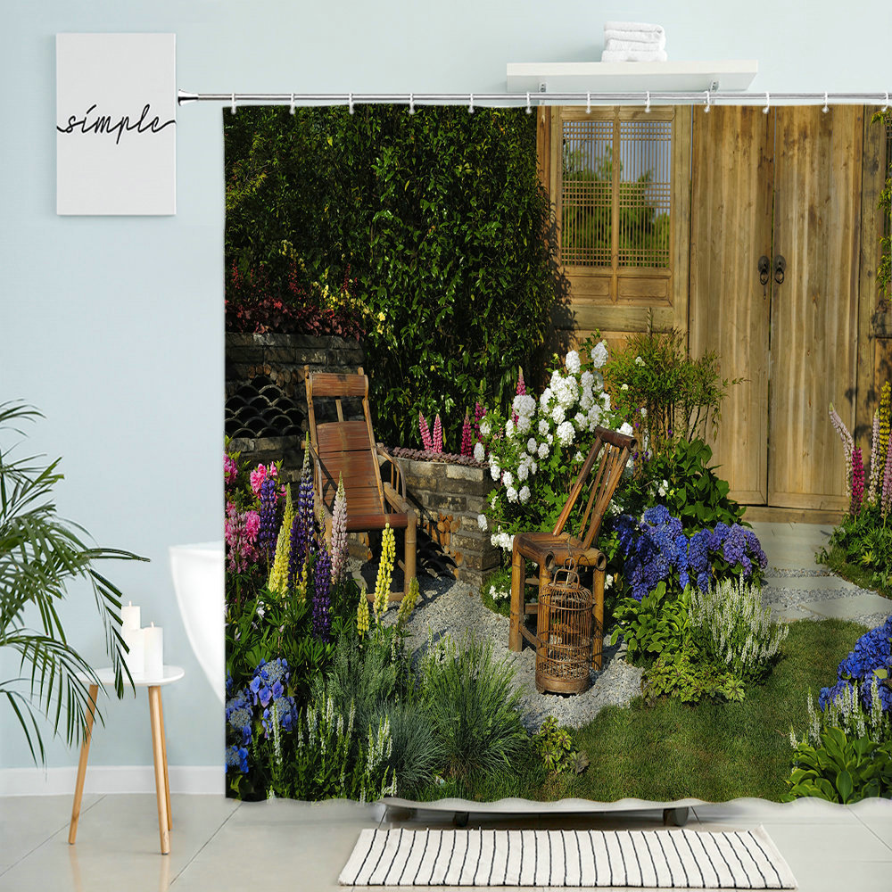 Garden Scenery Shower Curtain Country Farmhouse Wooden House Green ...
