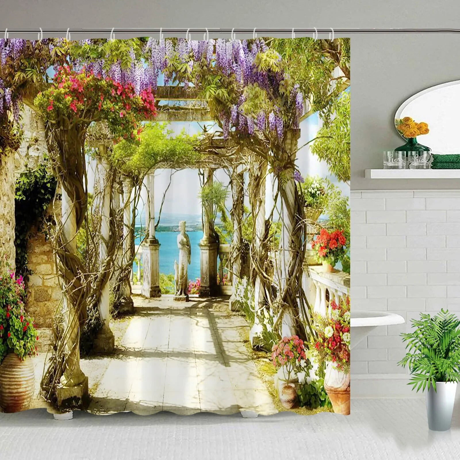 Garden Scenery Shower Curtain Wisteria Flower Stand Mediterranean Town ...