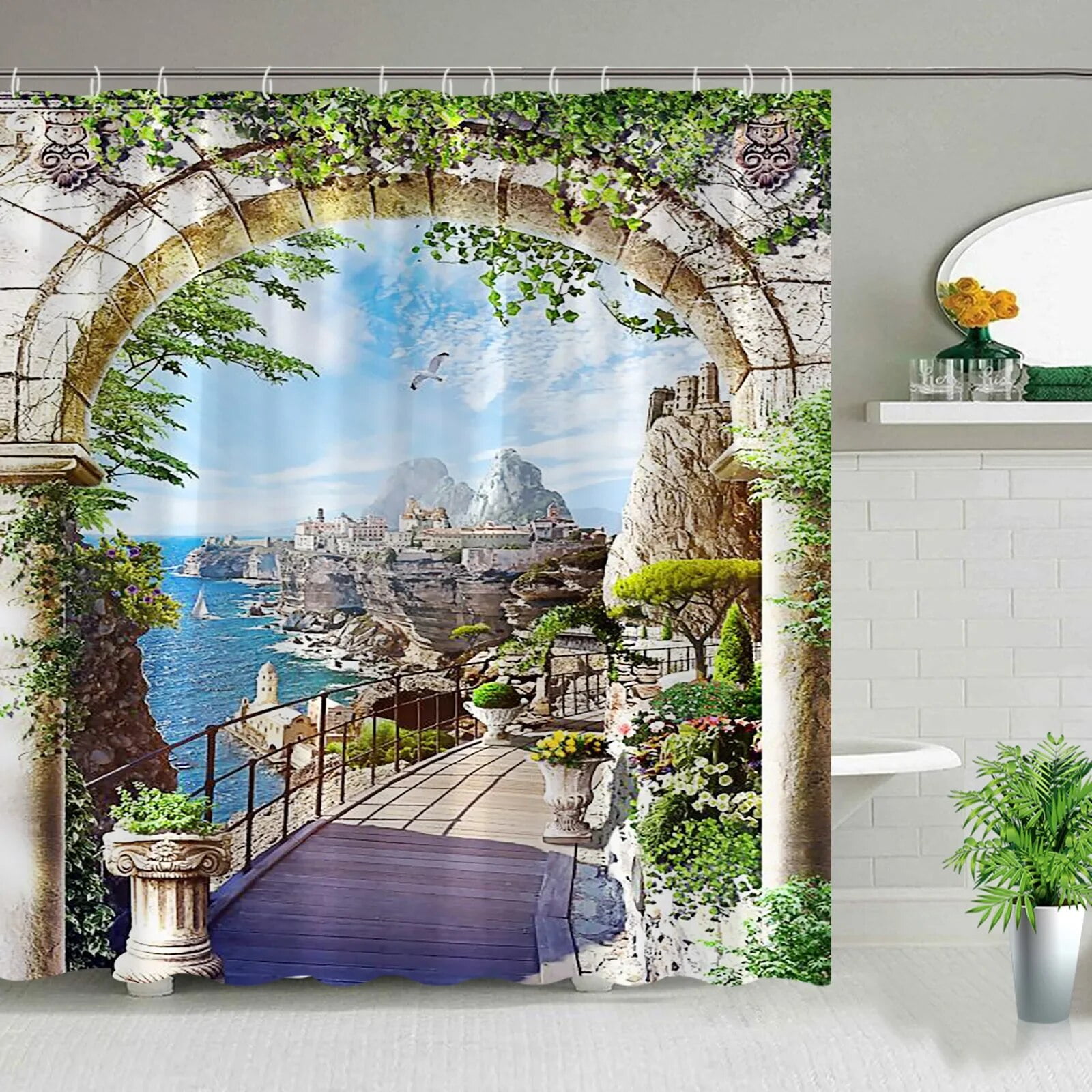 Garden Scenery Shower Curtain Wisteria Flower Stand Mediterranean Town ...