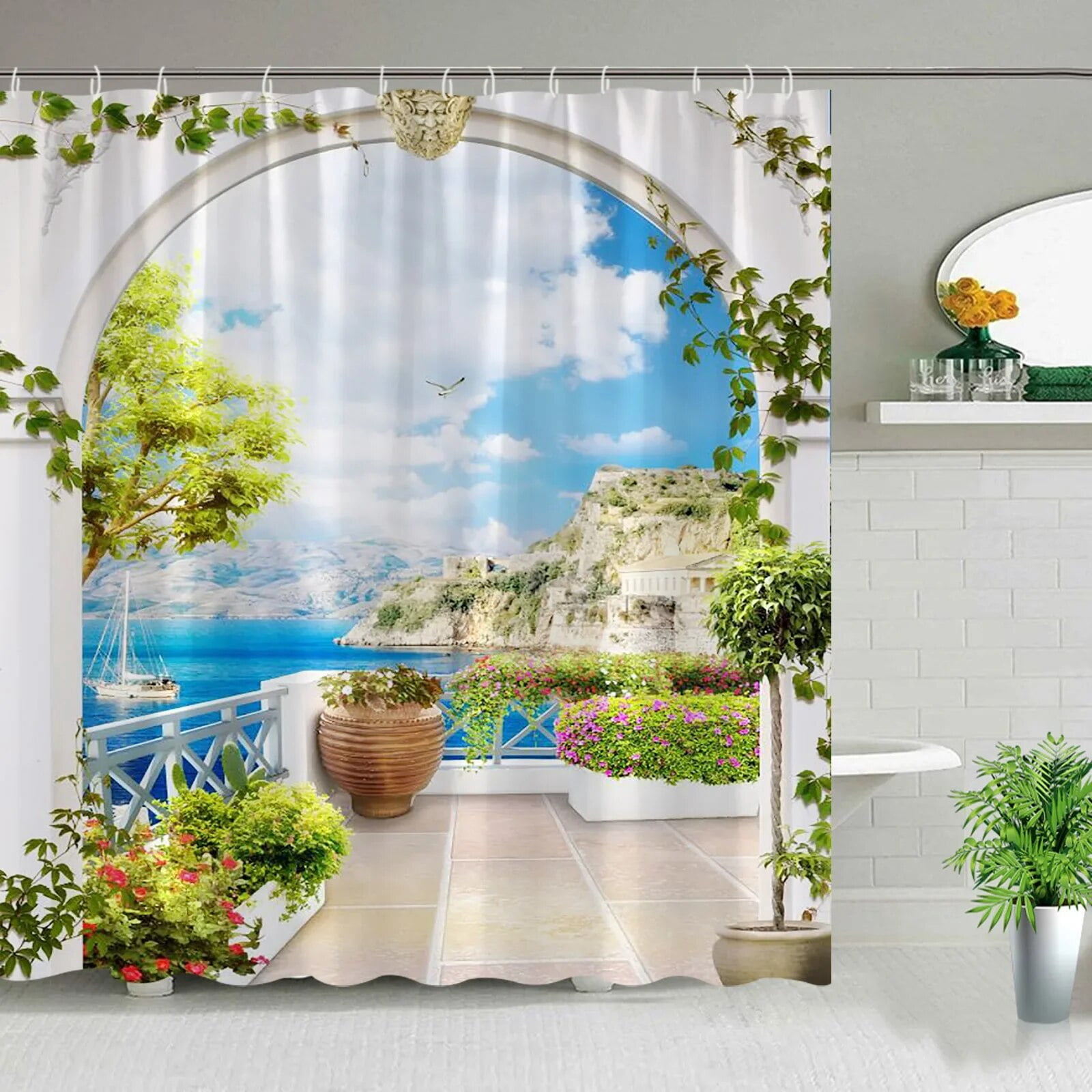 Garden Scenery Shower Curtain Wisteria Flower Stand Mediterranean Town ...
