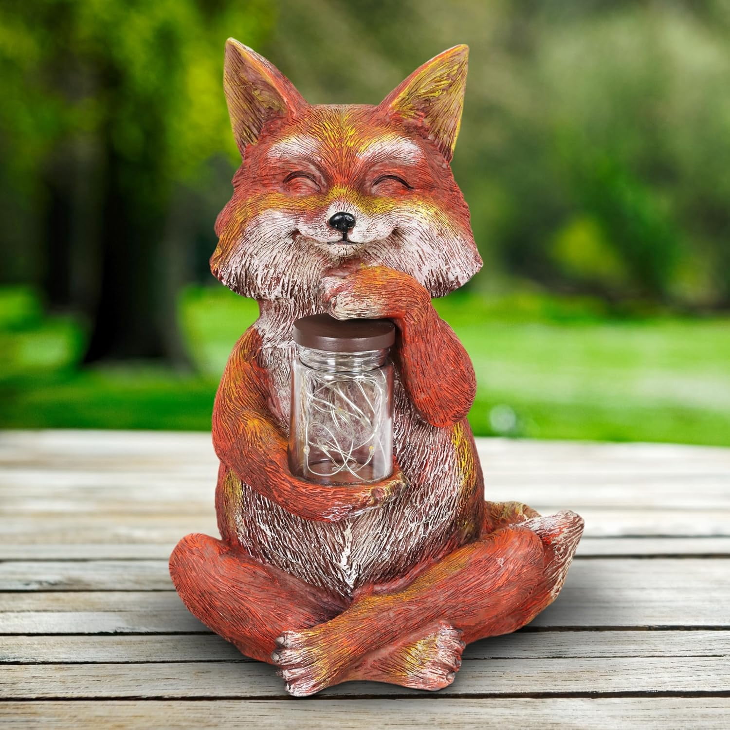 Garden Sculpture, Fox Solar Garden Statue with Glass Jar, 8 LED Firefly ...