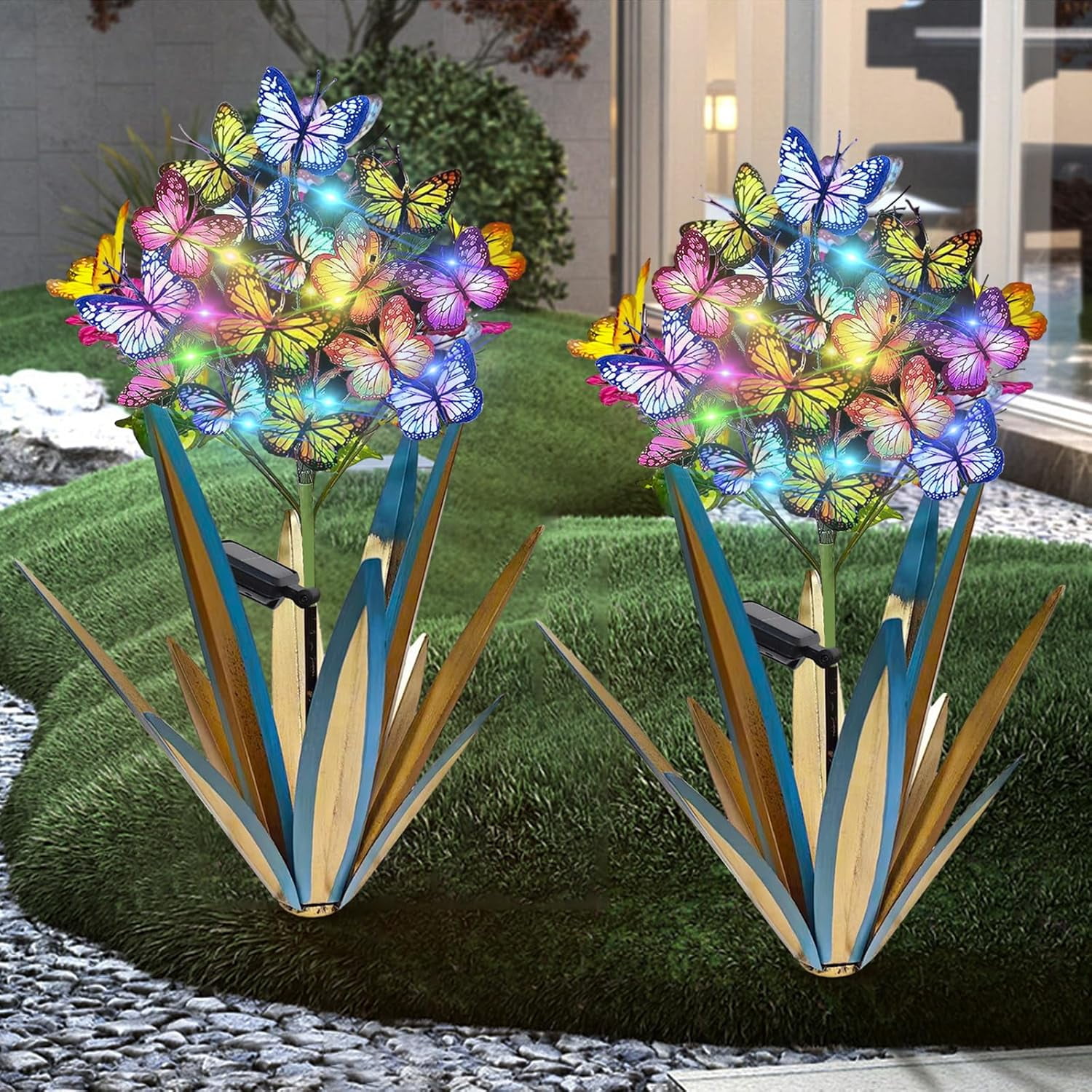 Garden Sculpture Solar Metal Agave Butterfly Flower Stick - Outdoor ...