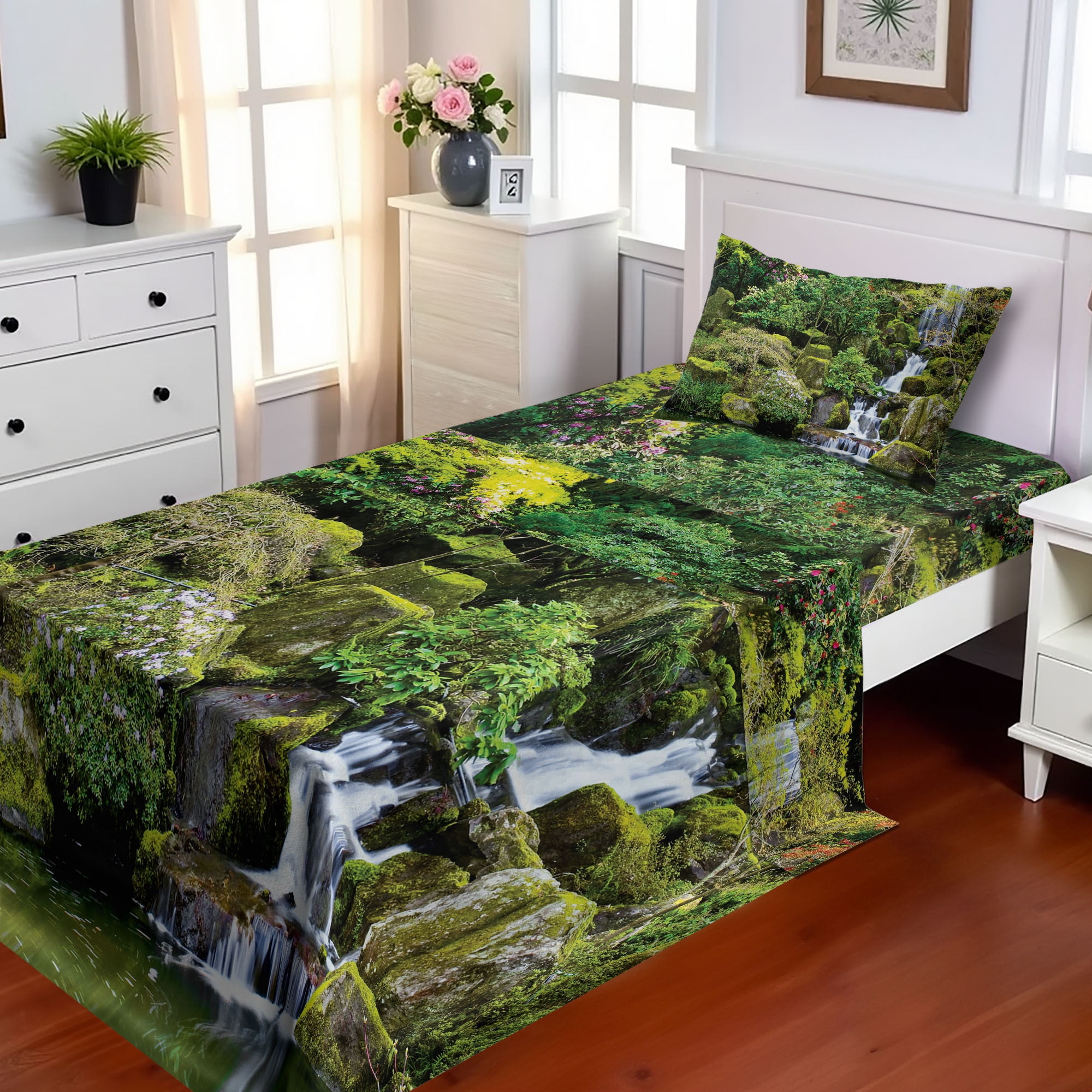 Ambesonne East Fitted & Top Sheet Set with Sham, Trees Foliage Rock ...