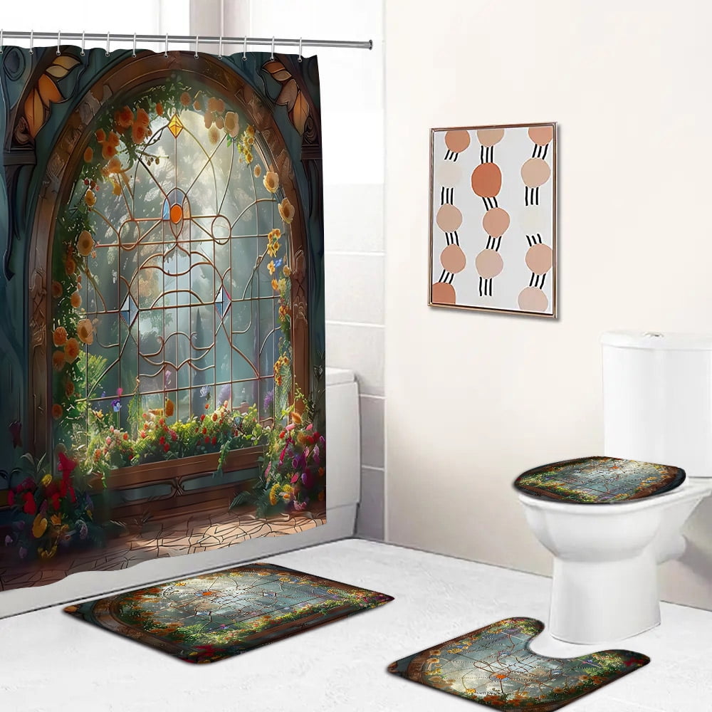 Garden Shower Curtain Set Stained Glass Floral Green Vine Arch Door ...